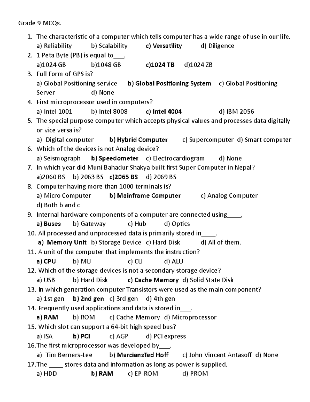 Psycometric Questions Computer Class 9 - Grade 9 MCQs. The ...