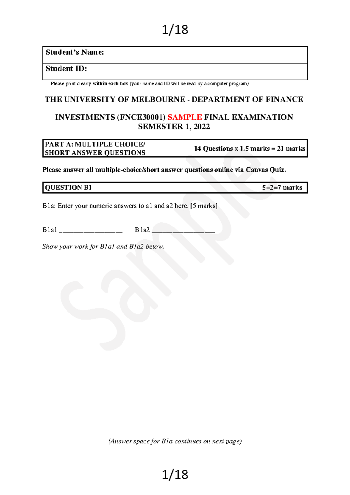 Sample Final 2022 Answer Template - Student’s Name: Student ID: Please ...