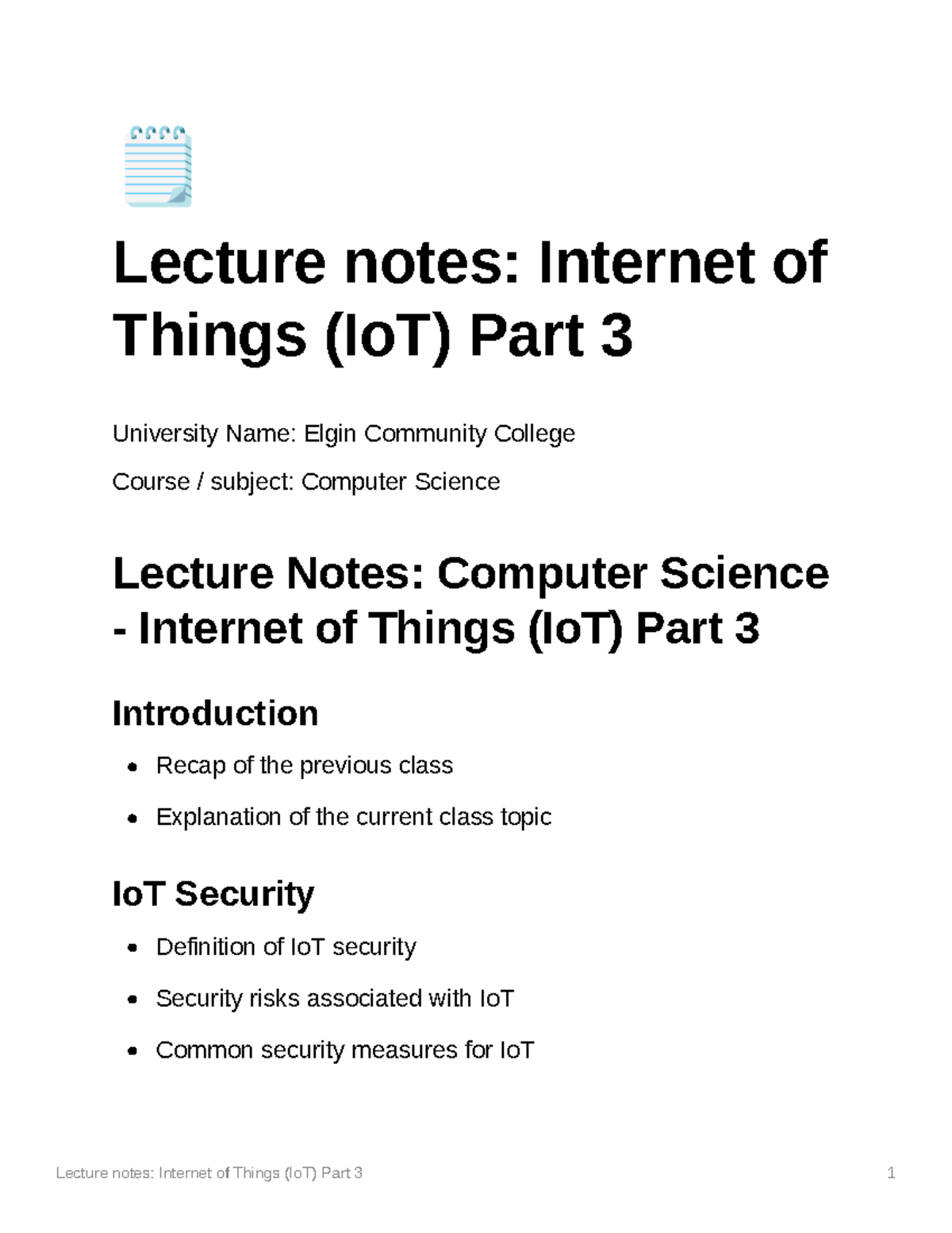 Lecture notes Internet of Things (Io T) Part 3 - f Lecture notes ...