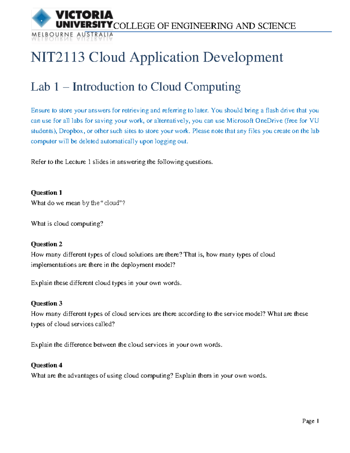 Lab 1 - Lab1 - COLLEGE OF ENGINEERING AND SCIENCE Page 1 NIT2113 Cloud Application Development ...