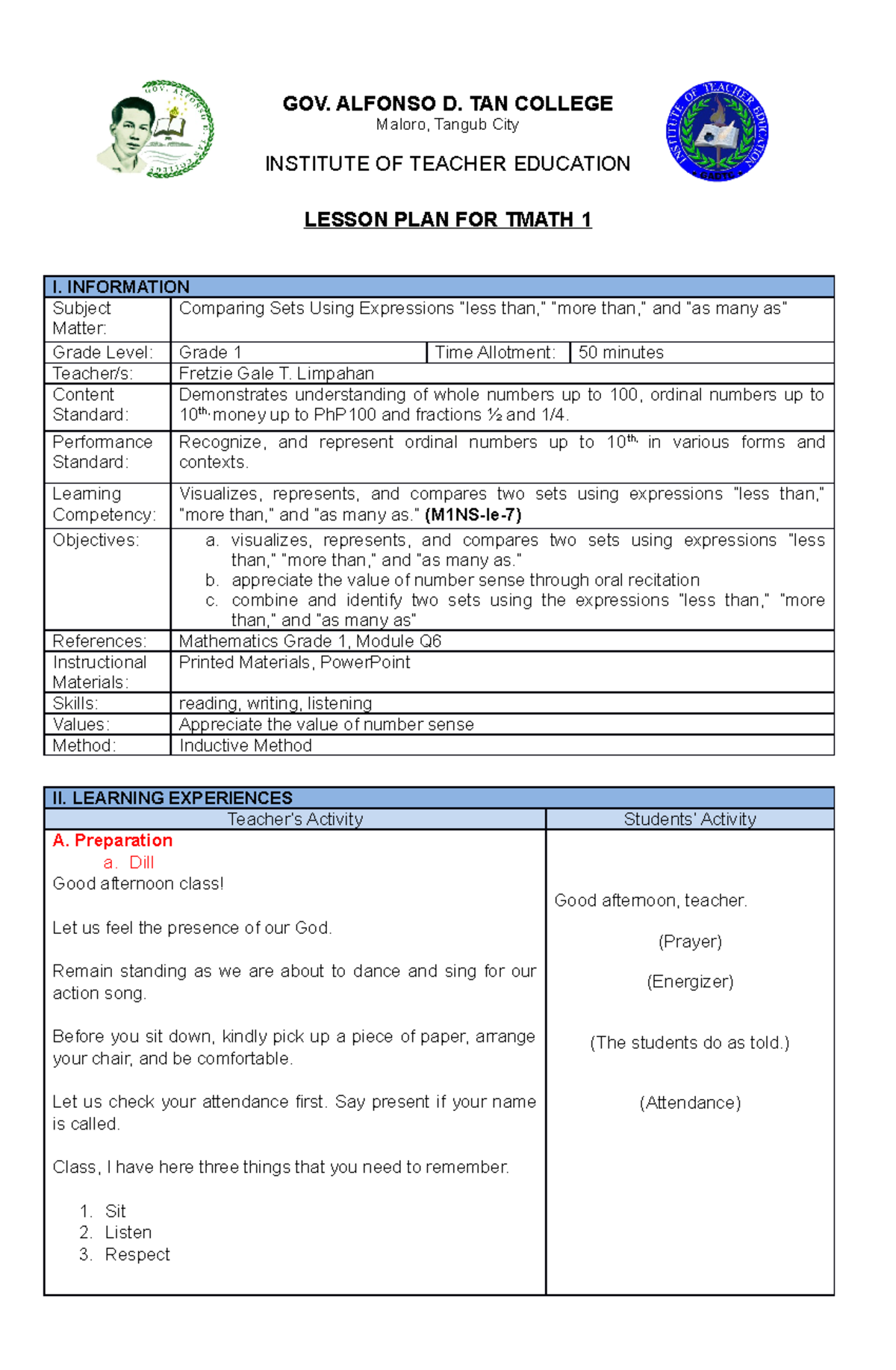 Tmath 1 Lesson Plan ( Limpahan) - GOV. ALFONSO D. TAN COLLEGE Maloro ...