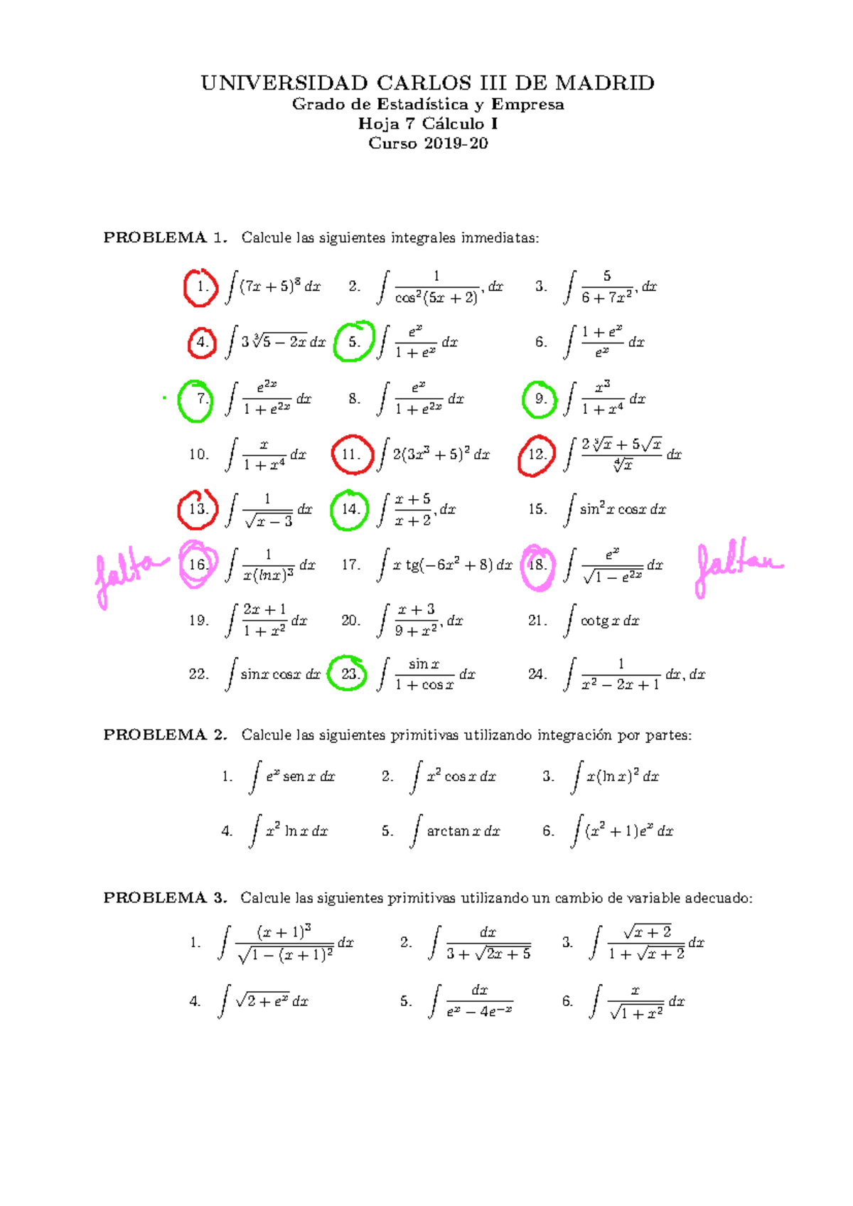 Hoja7 - + integrales y límites con integrales - UNIVERSIDAD CARLOS III ...