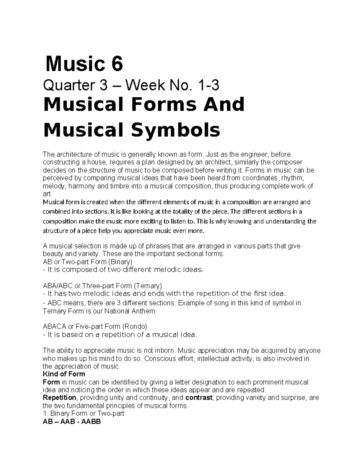 Music-6Q3 - Module notes - Music 6 Quarter 3 – Week No. 1- Musical ...