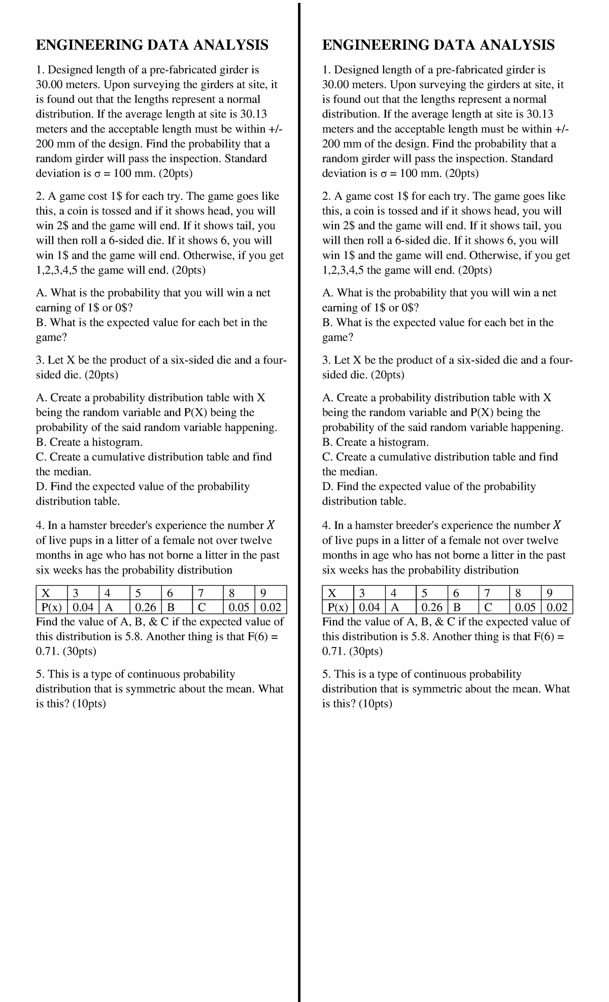 EDA-Q2 - EDA Practice Problems - ENGINEERING DATA ANALYSIS Designed length of a pre-fabricated ...