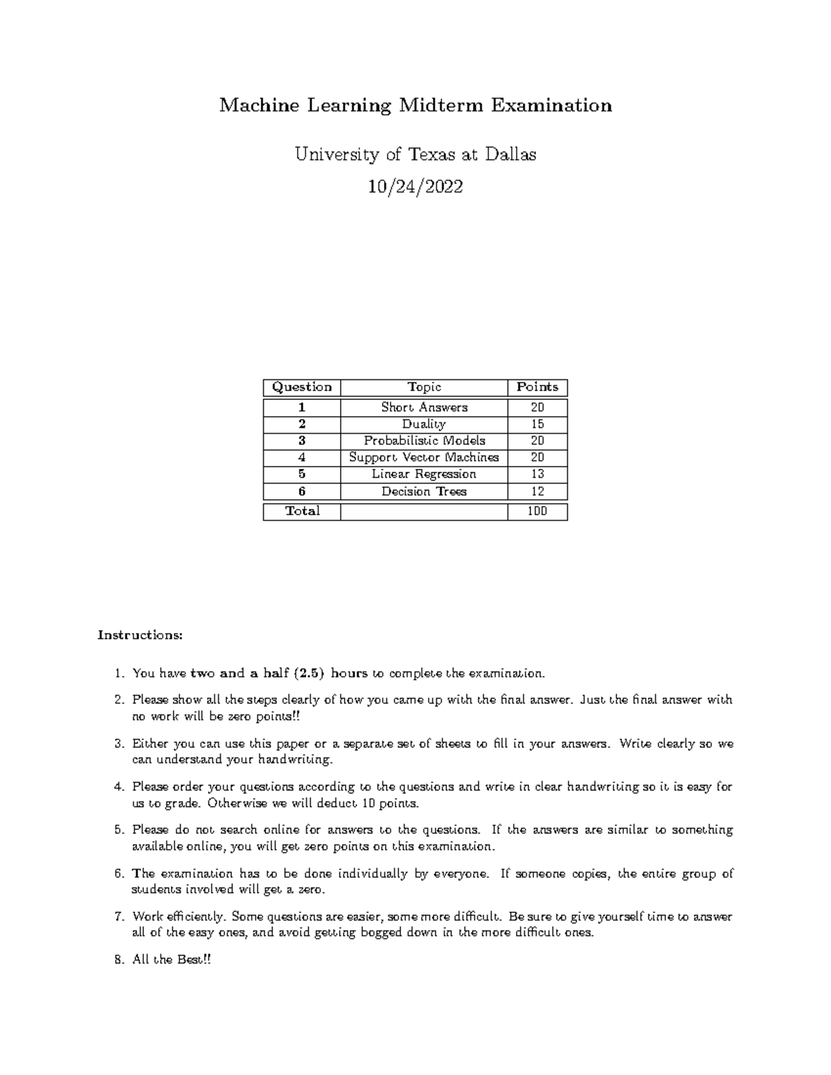 UT Dallas ML Midterm 2022 Solnpdf - Machine Learning Midterm Examination University of Texas at ...