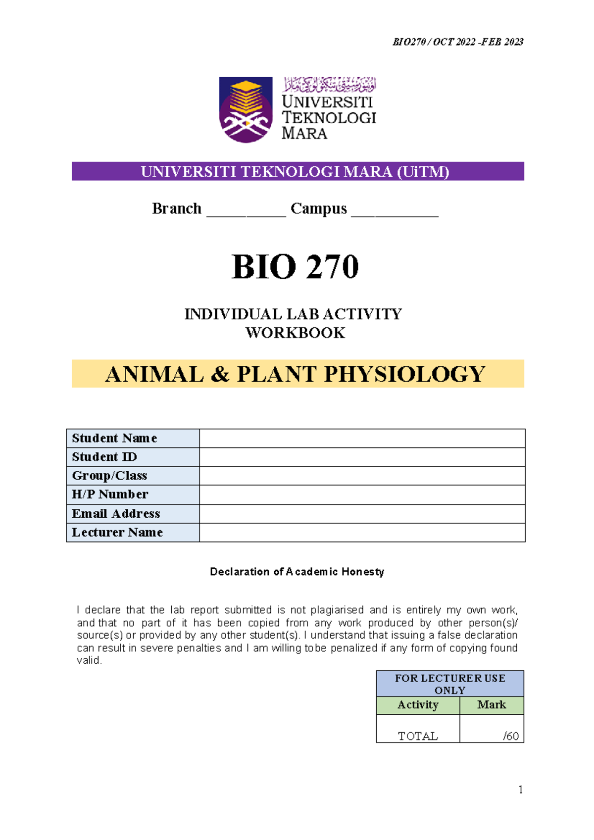 Workbook bio - UNIVERSITI TEKNOLOGI MARA (UiTM) Branch ...