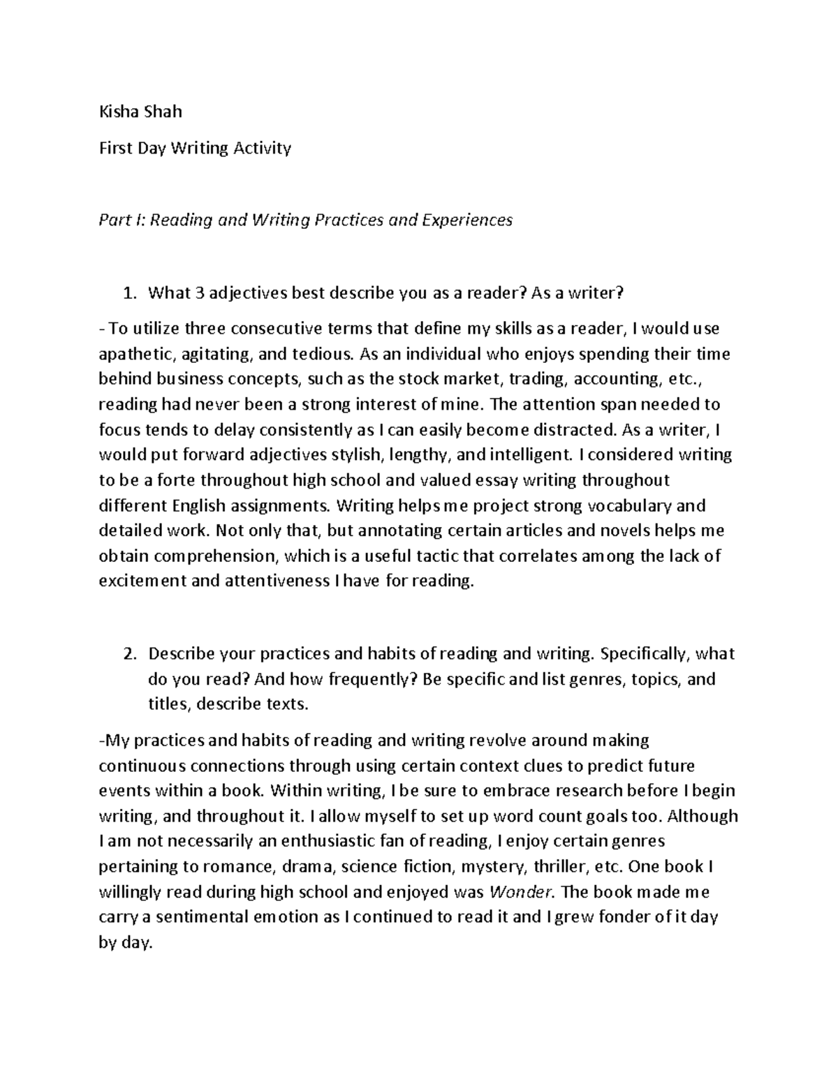 First Day Writing Activity - College Writing - Kisha Shah First Day ...