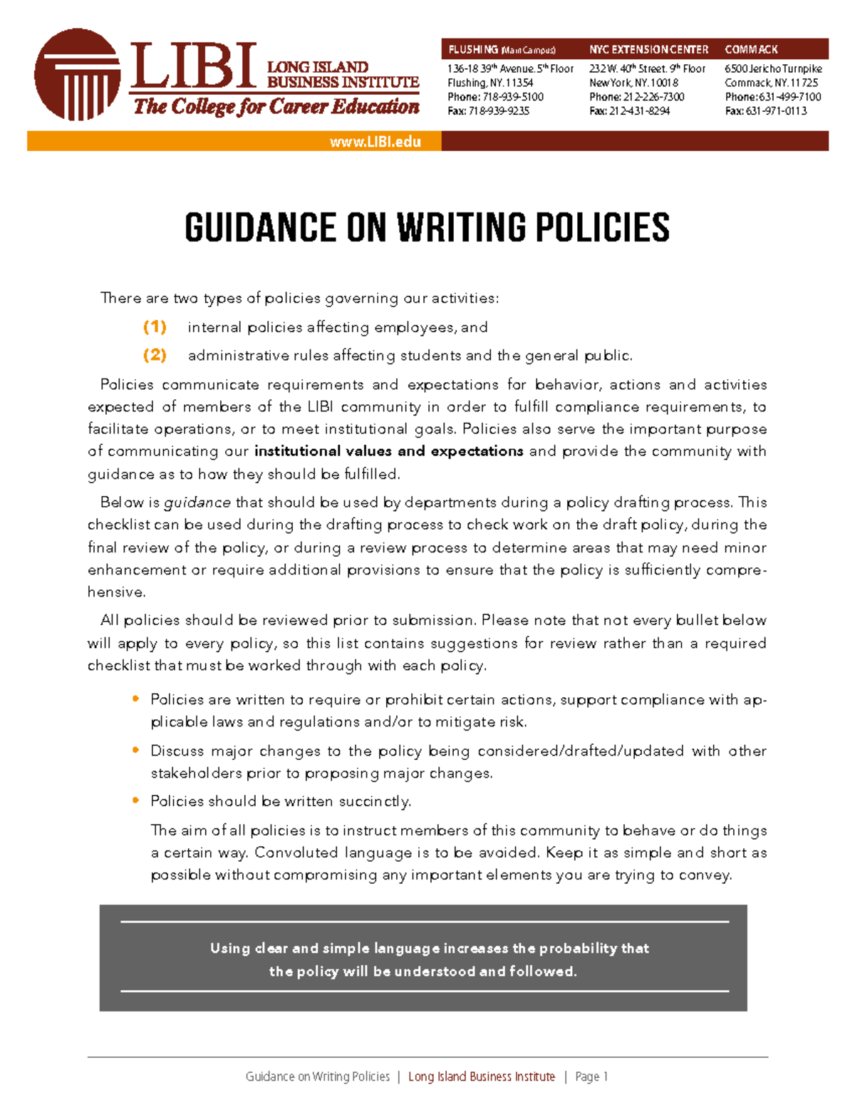 Guidance on Writing Policies 101122 - FLUSHING (Main Campus) 136-18 39 ...