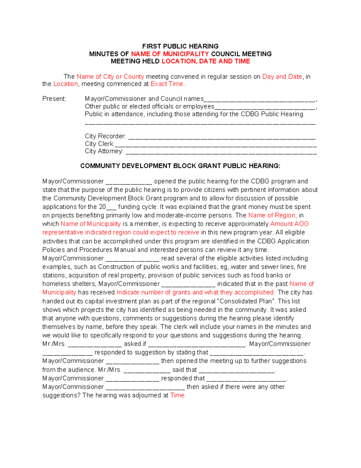 First Public Hearing Minutes Template - FIRST PUBLIC HEARING MINUTES OF ...