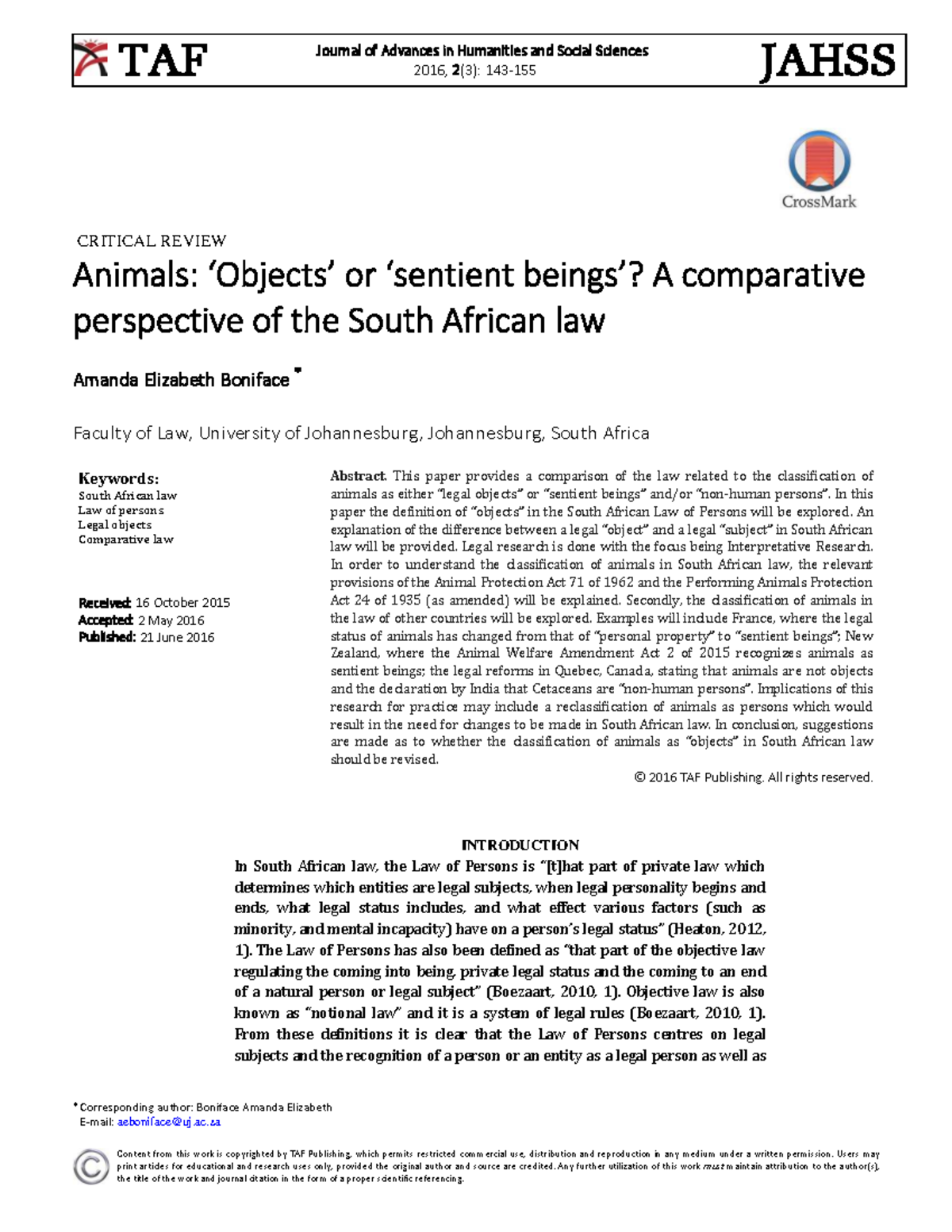 Animals Objects or sentient beings A com - TAF Journal of Advances in ...