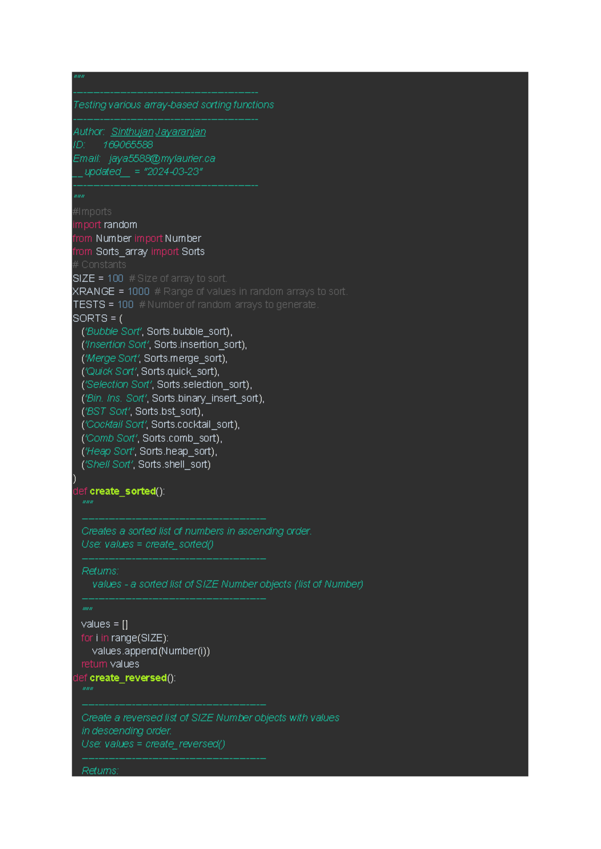 Test Sorts Array Testing Various Array Based Sorting Functions