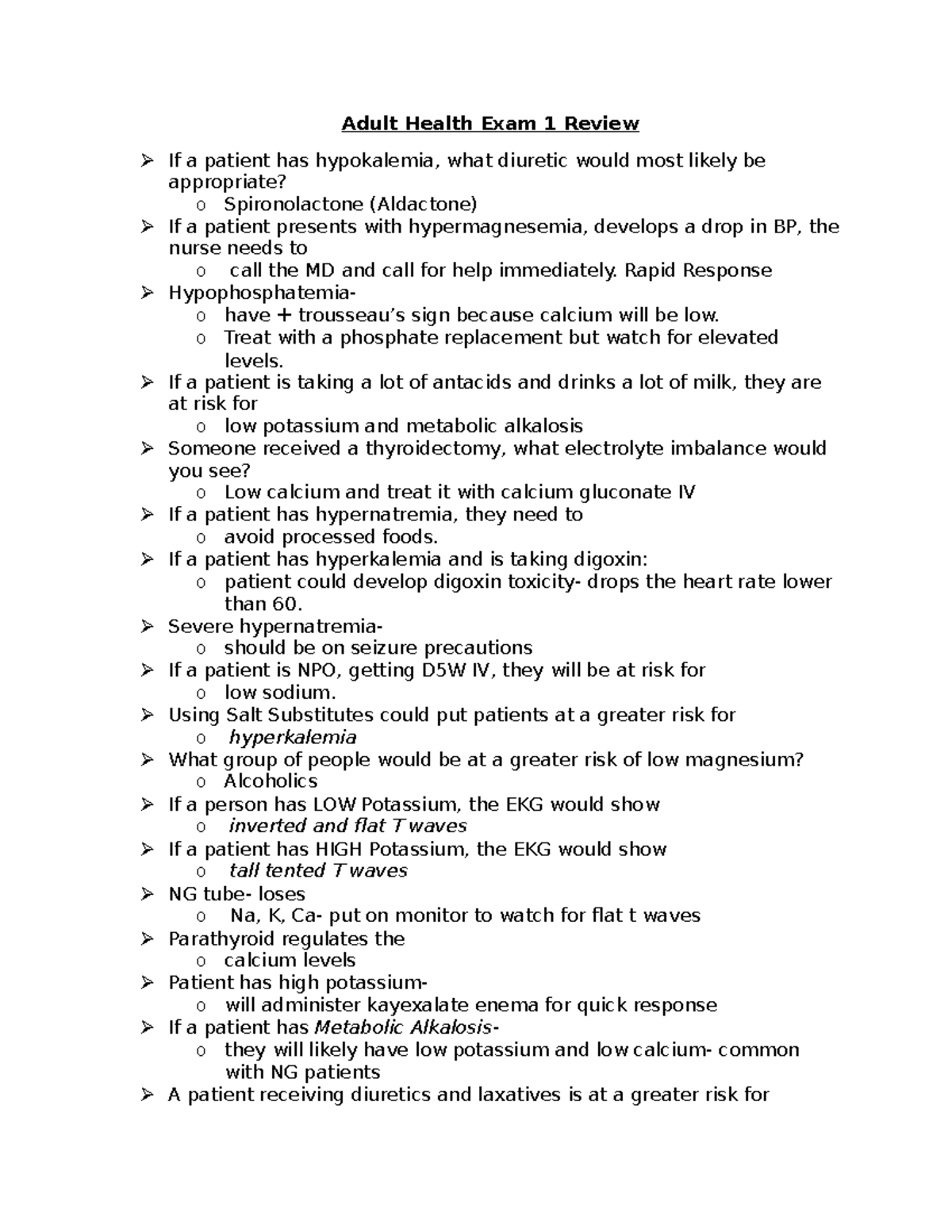 Adult Health Final Exam Review Adult Health Exam 1 Review If A 