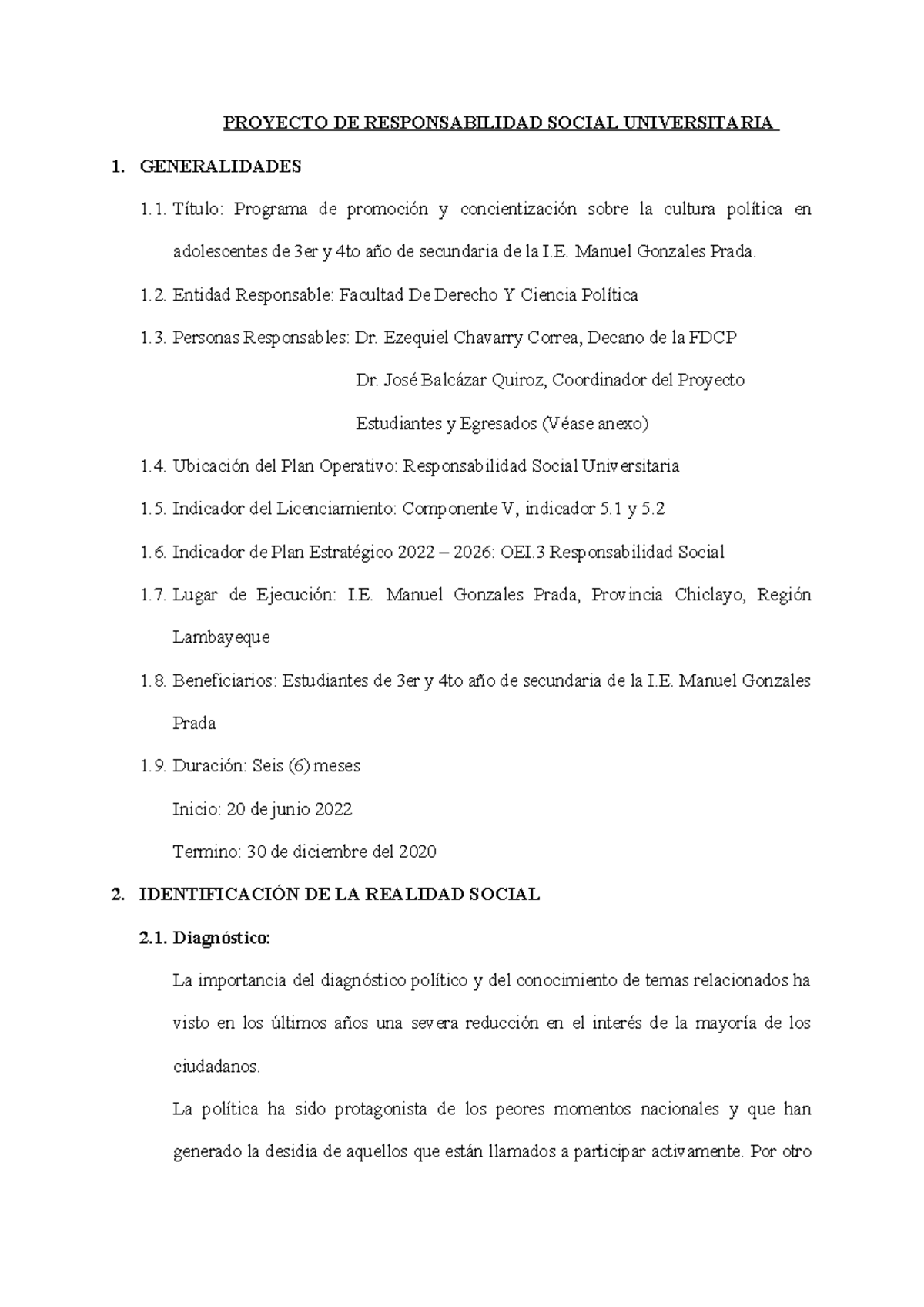 Proyecto DE Responsabilidad Social Universitaria - PROYECTO DE RESPONSABILIDAD SOCIAL ...