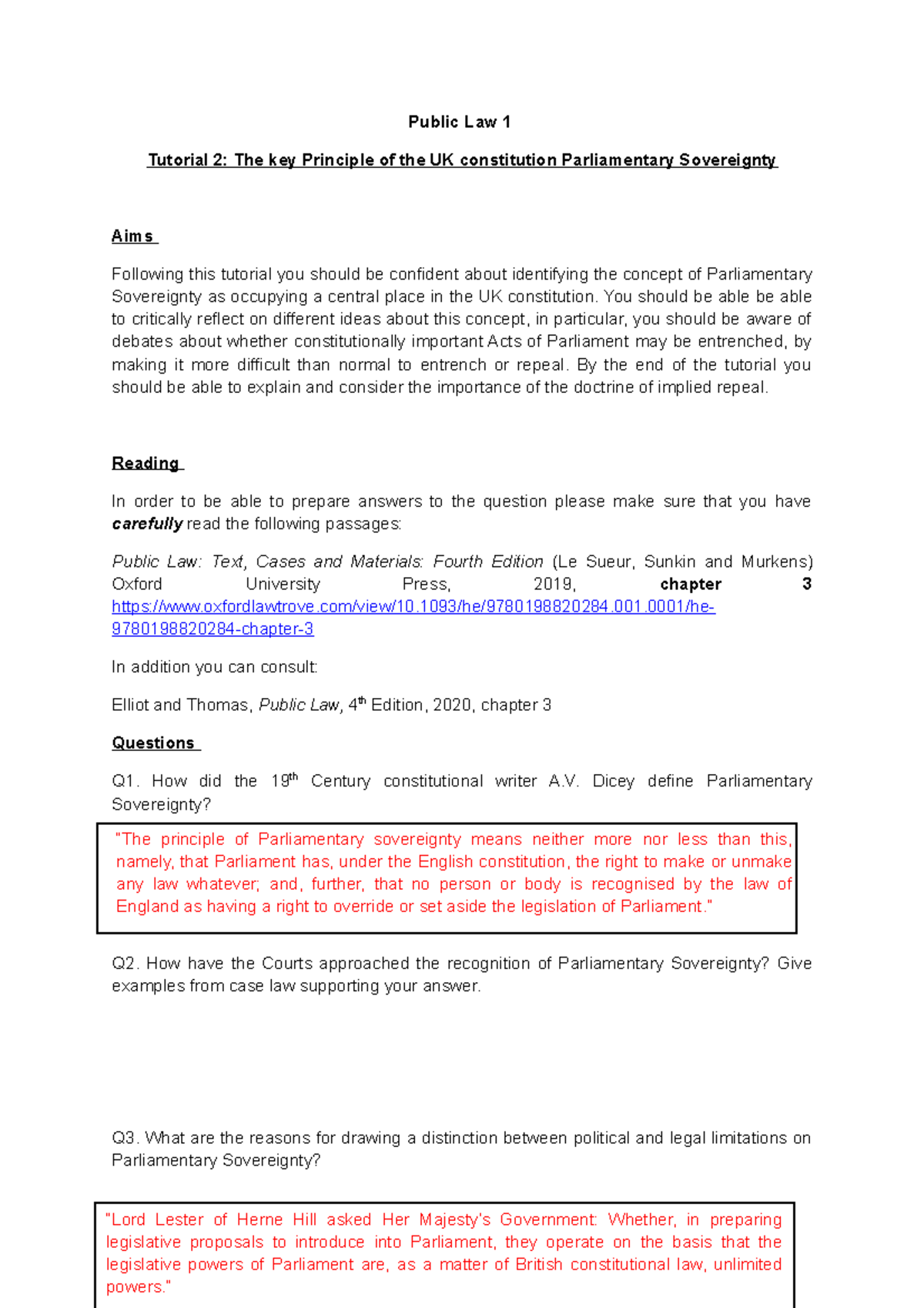 Tutorial 2 Legislative Supremacy of the UK Parliament - Public Law 1 ...