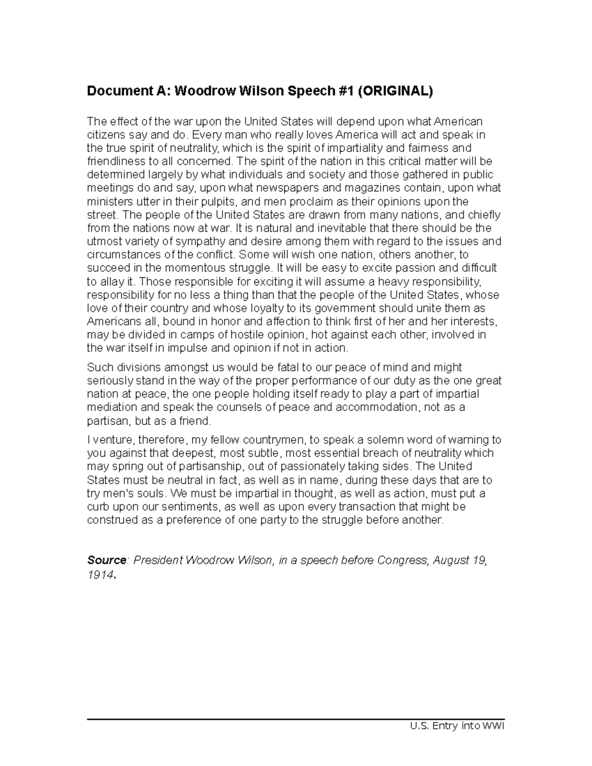 U.S. Entry into WWI Original Documents - Document A: Woodrow Wilson ...