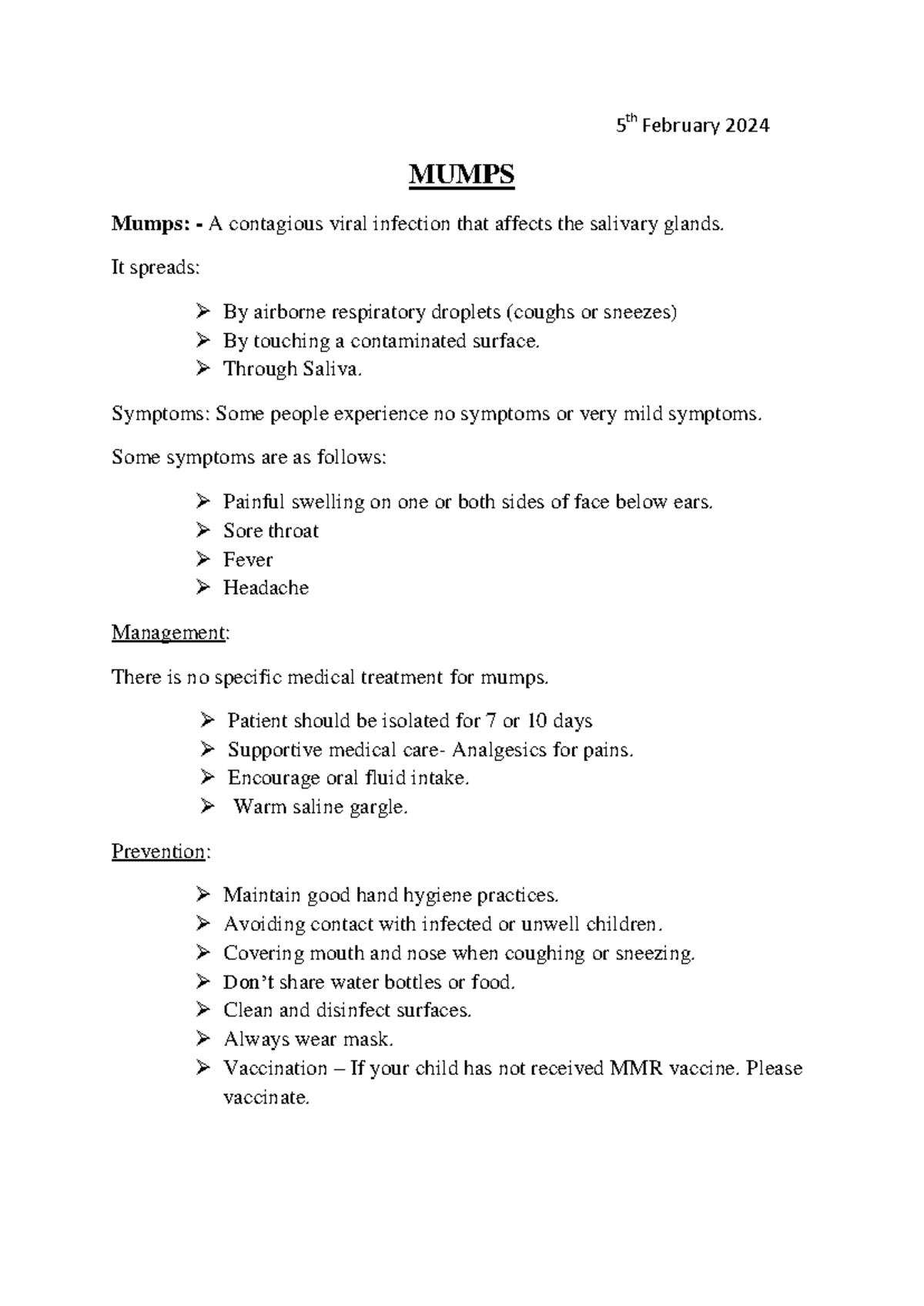 Mumps - 5 th February 2024 MUMPS Mumps: - A contagious viral infection ...