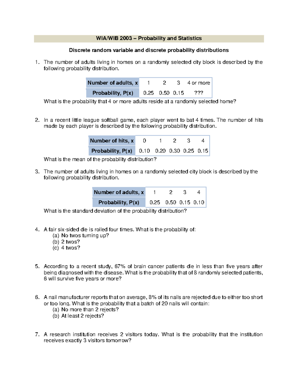 Tutorial 03 - WIA/WIB 2003 – Probability and Statistics Discrete random ...