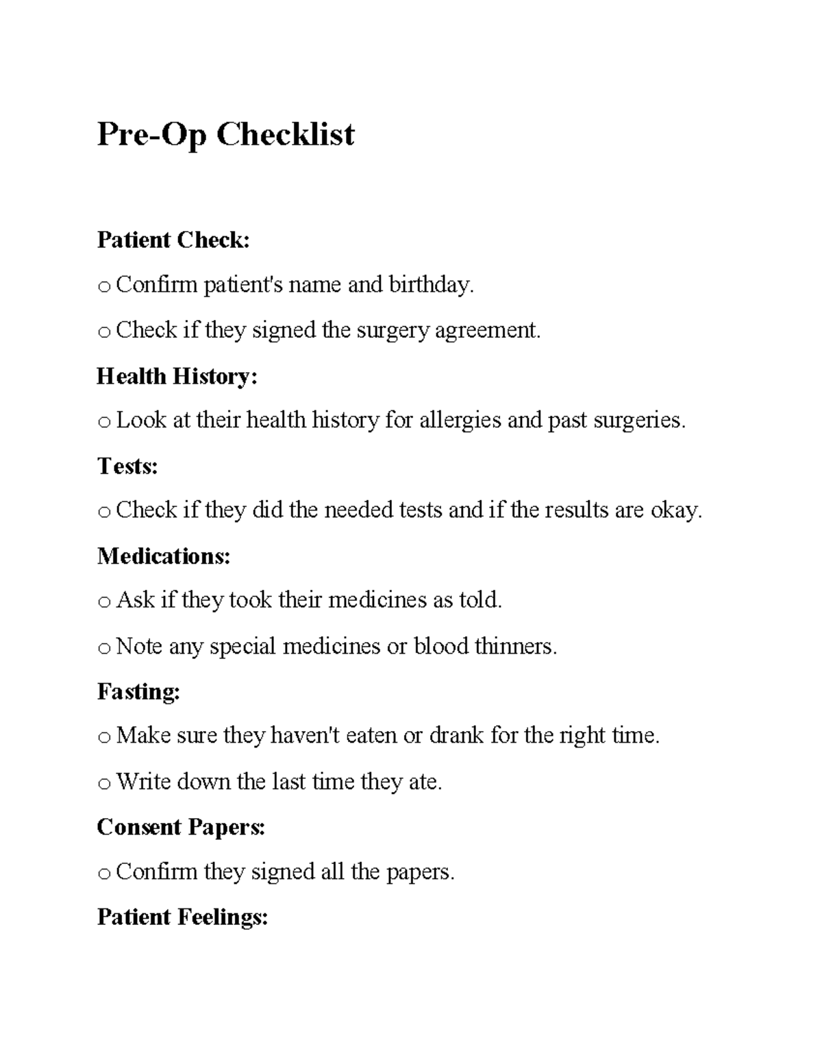 Pre-Op list - Pre-op check list - Pre-Op Checklist Patient Check: o ...