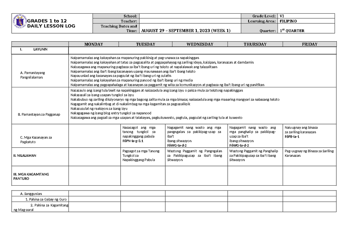 DLL Filipino 6 Q1 W1 - N/A - GRADES 1 to 12 DAILY LESSON LOG School ...