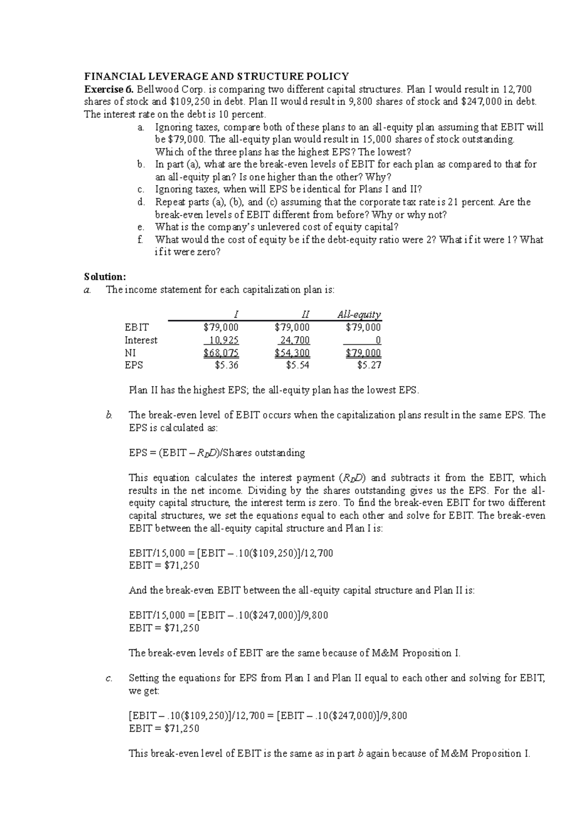 FC and CTP Solution 3 - Finance - FINANCIAL LEVERAGE AND STRUCTURE ...