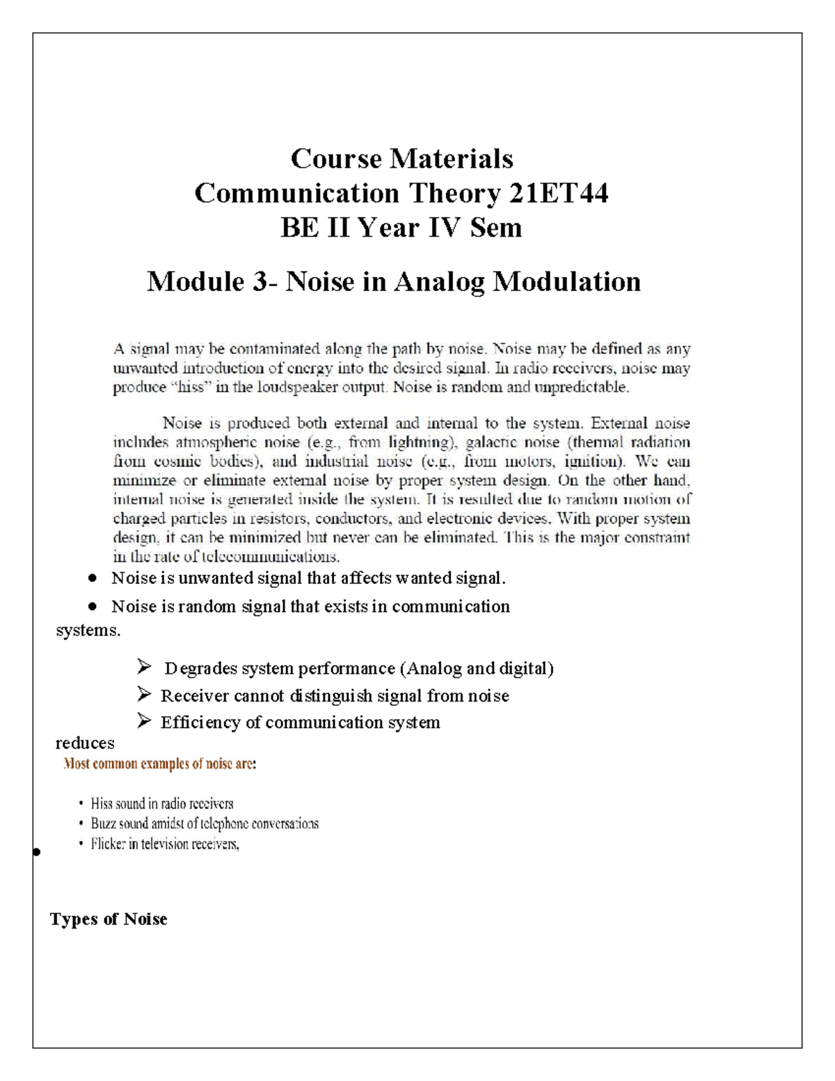 COMM Module 3 Noise - Course Materials Communication Theory 21ET BE II Year IV Sem Module 3 ...