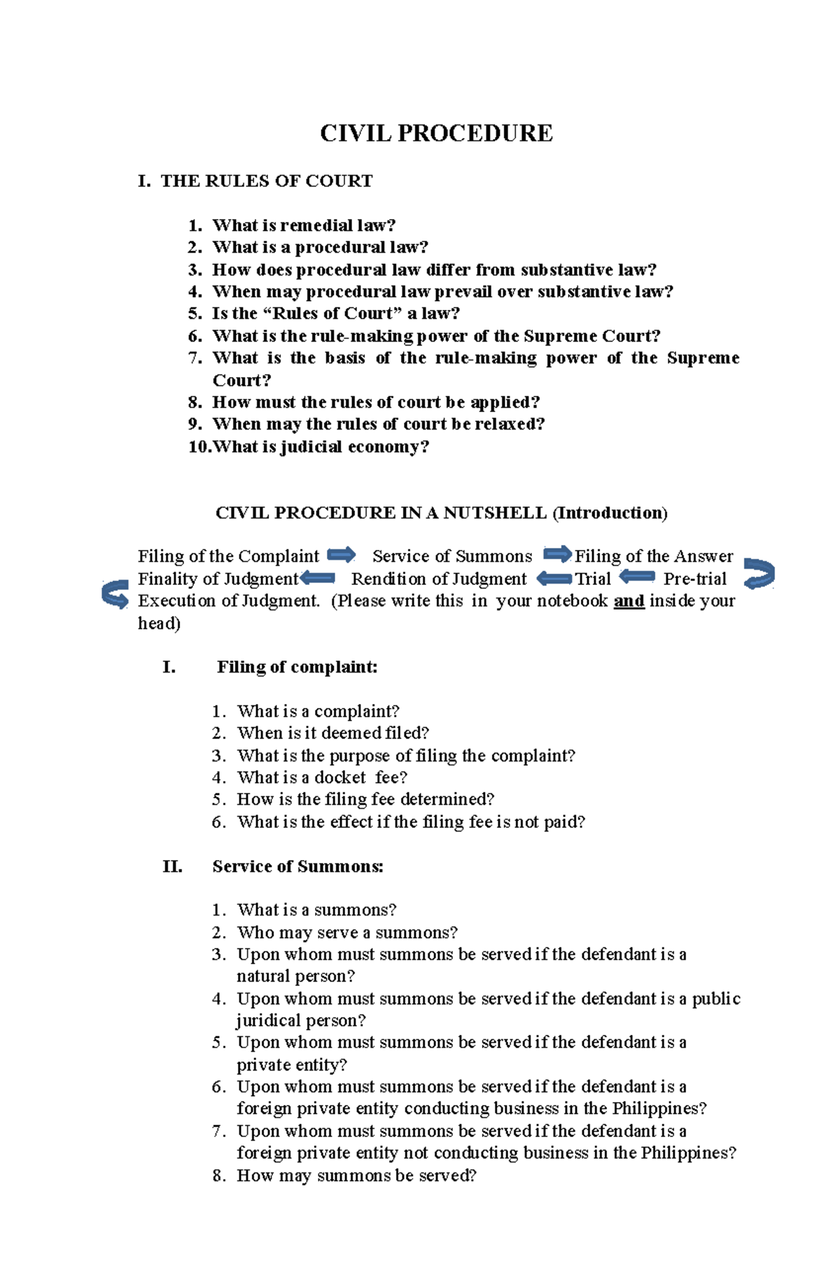 I. Intro to Civil Procedure - CIVIL PROCEDURE I. THE RULES OF COURT ...
