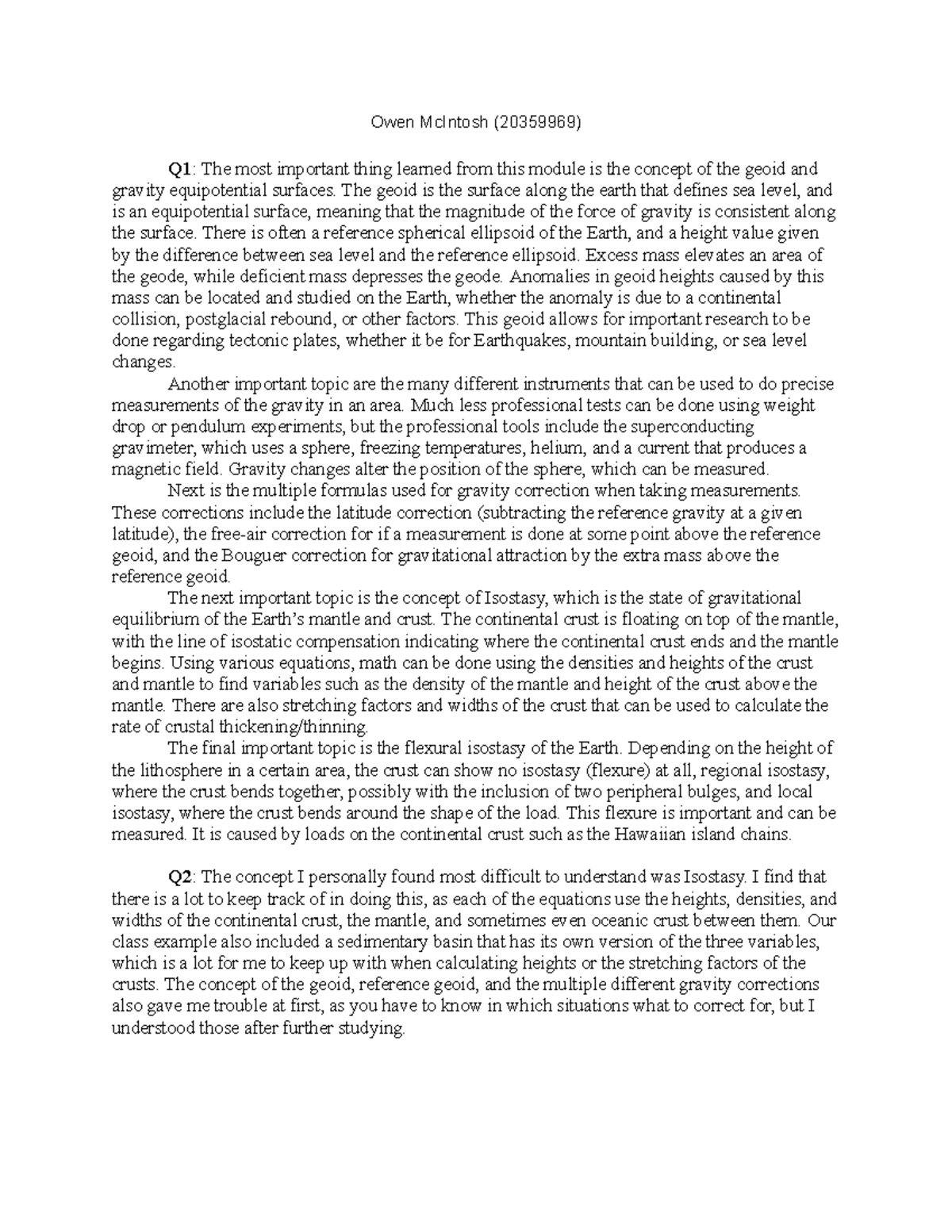 Reflection 4 - Gravity and Isostasy - Owen McIntosh (20359969) Q1: The most important thing ...