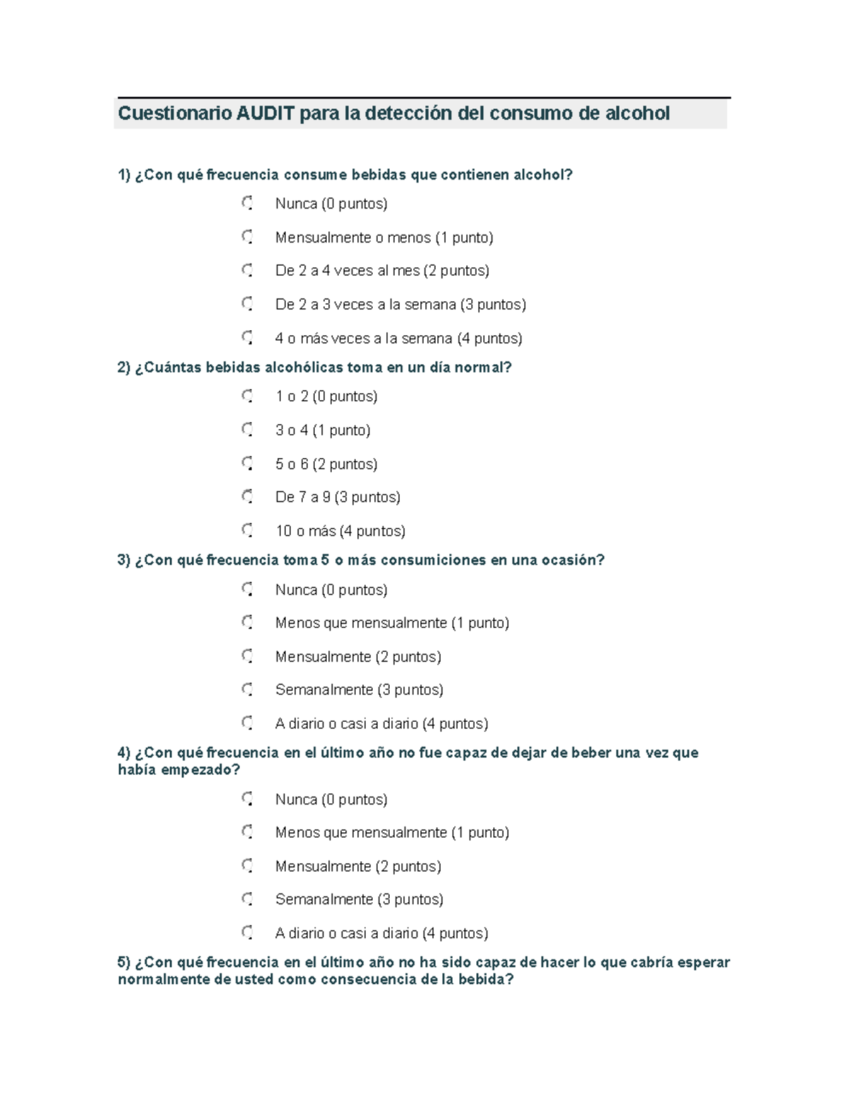 Cuestionario Audit para la detección del consumo - Cuestionario AUDIT ...