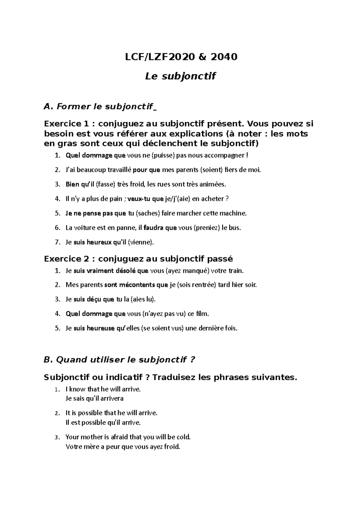French Subjunctive Excercises - LCF/LZF2020 & 2040 Le subjonctif A ...