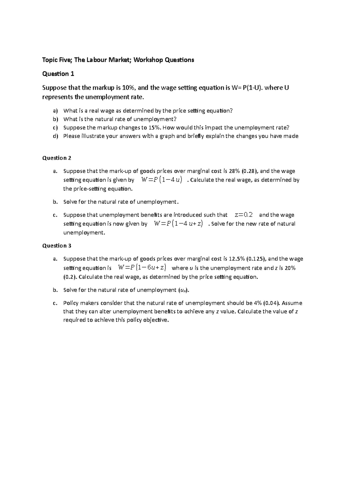 Topic 5; The Labour Market; Workshop Questions - Topic Five; The Labour ...