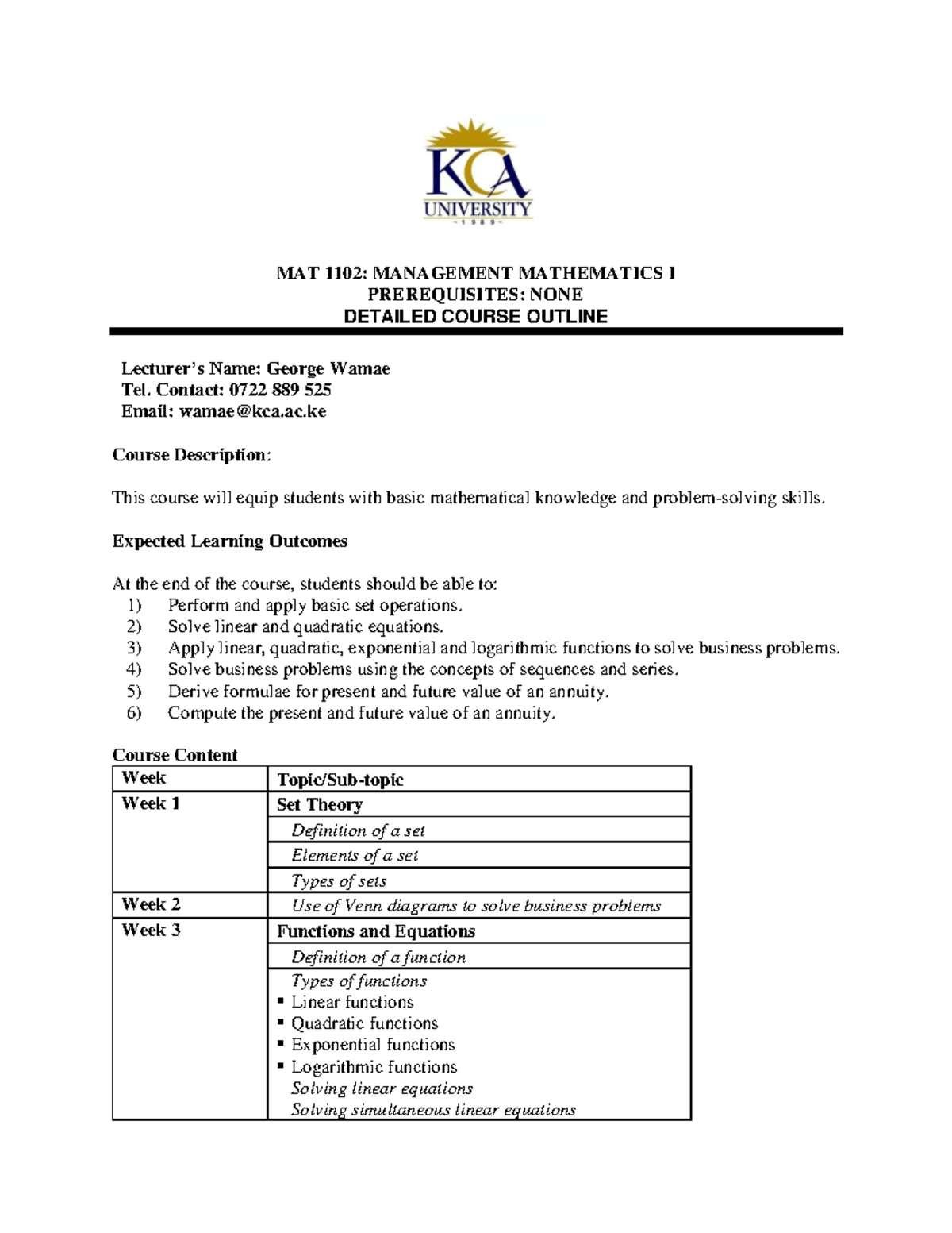 MAT 1102 Management Mathematics I - MAT 1102: MANAGEMENT MATHEMATICS I ...
