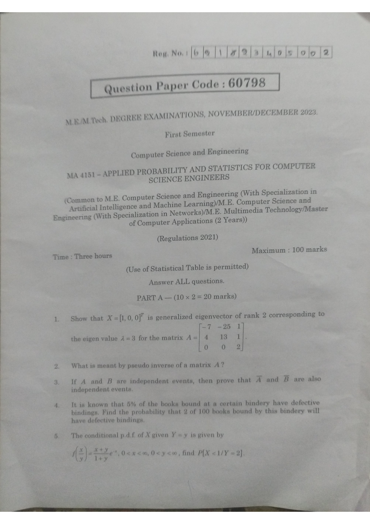 60798 - Question paper - Engineering Mathematics-II - Studocu