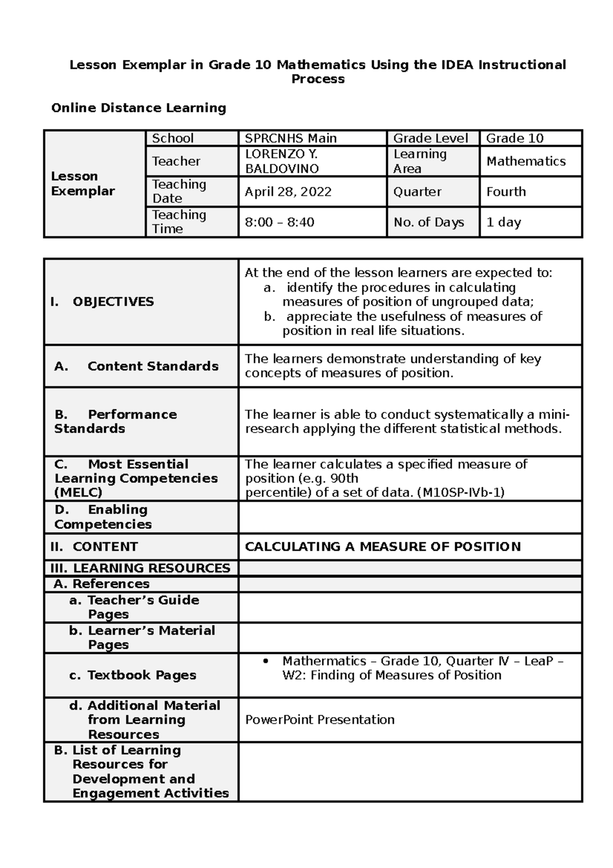 LE-Q4-G10 Math-Week2-Measurement of Position for Ungrouped Data ...