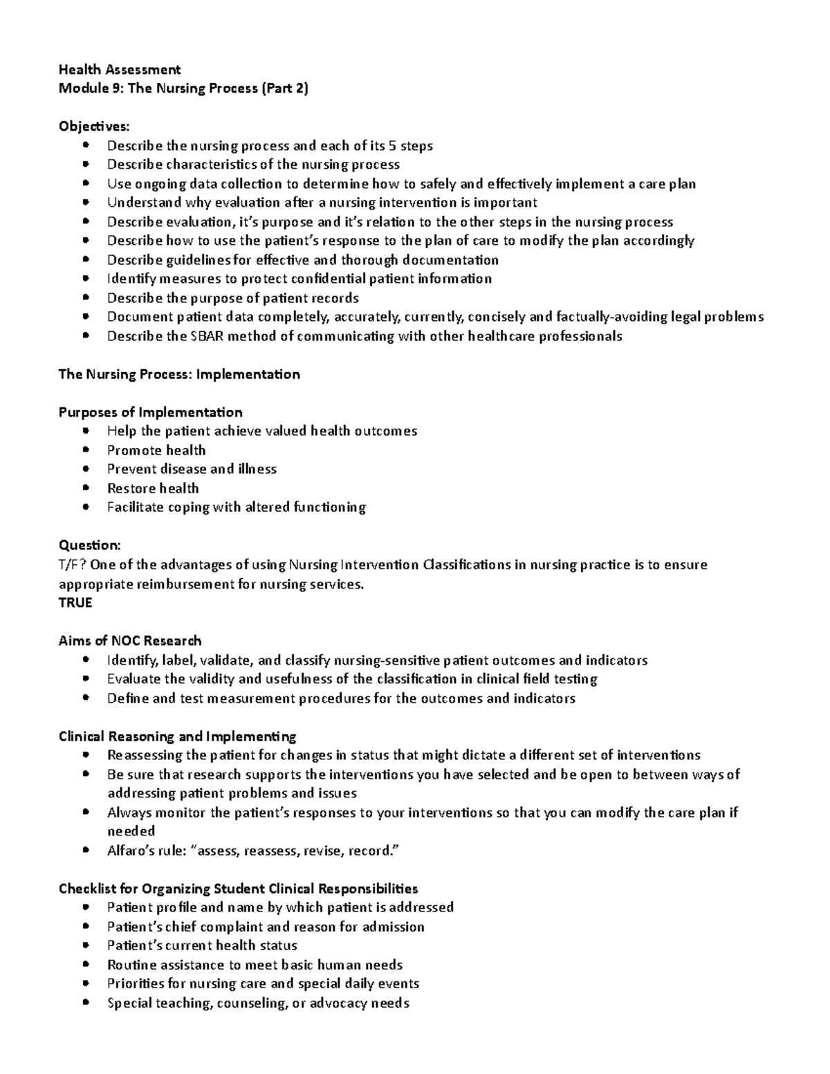 Health Assessment-Module 9 Notes (Nursing process part 2) - Health ...