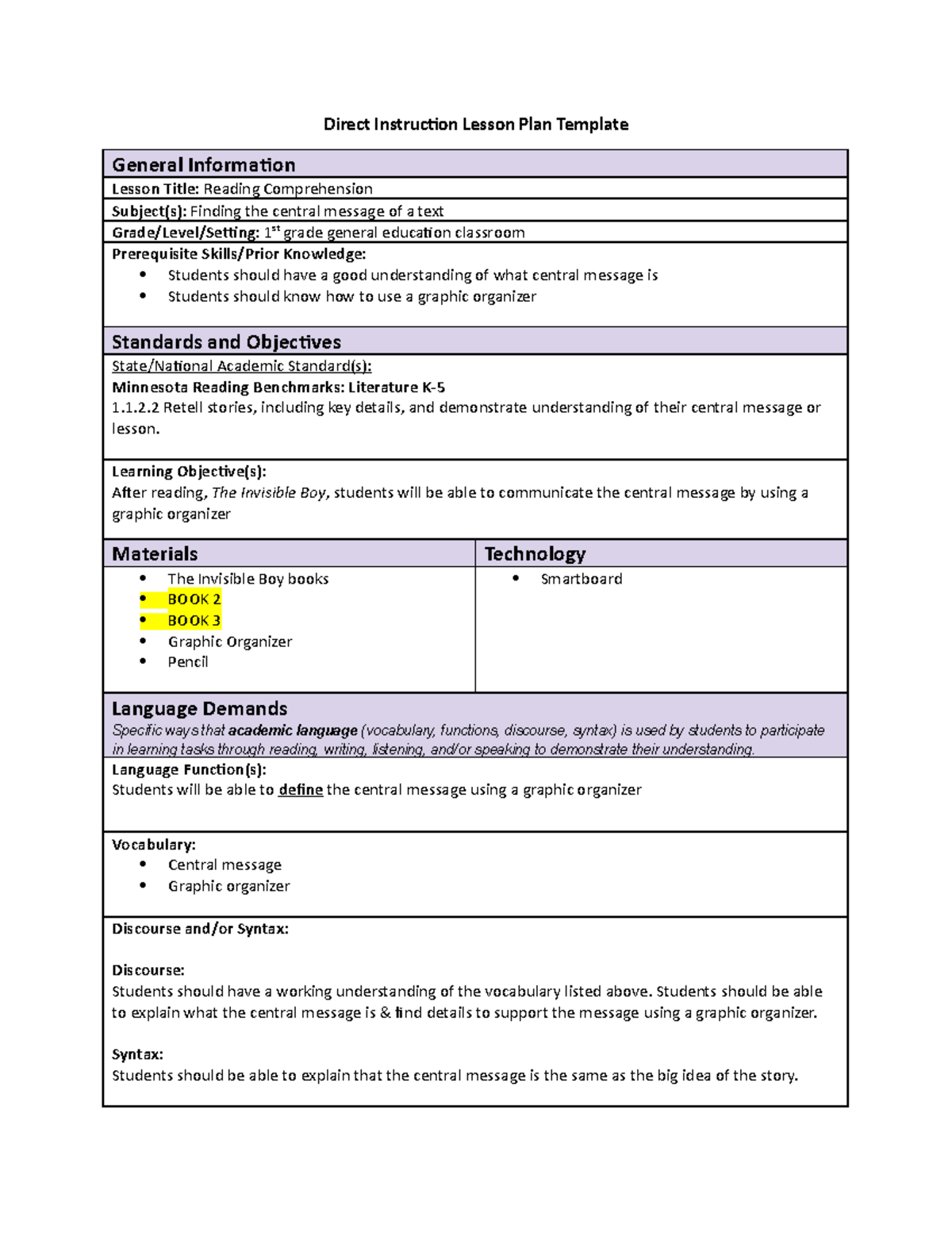 Direct Instruction Lesson Plan Template - 1.2 Retell stories, including ...