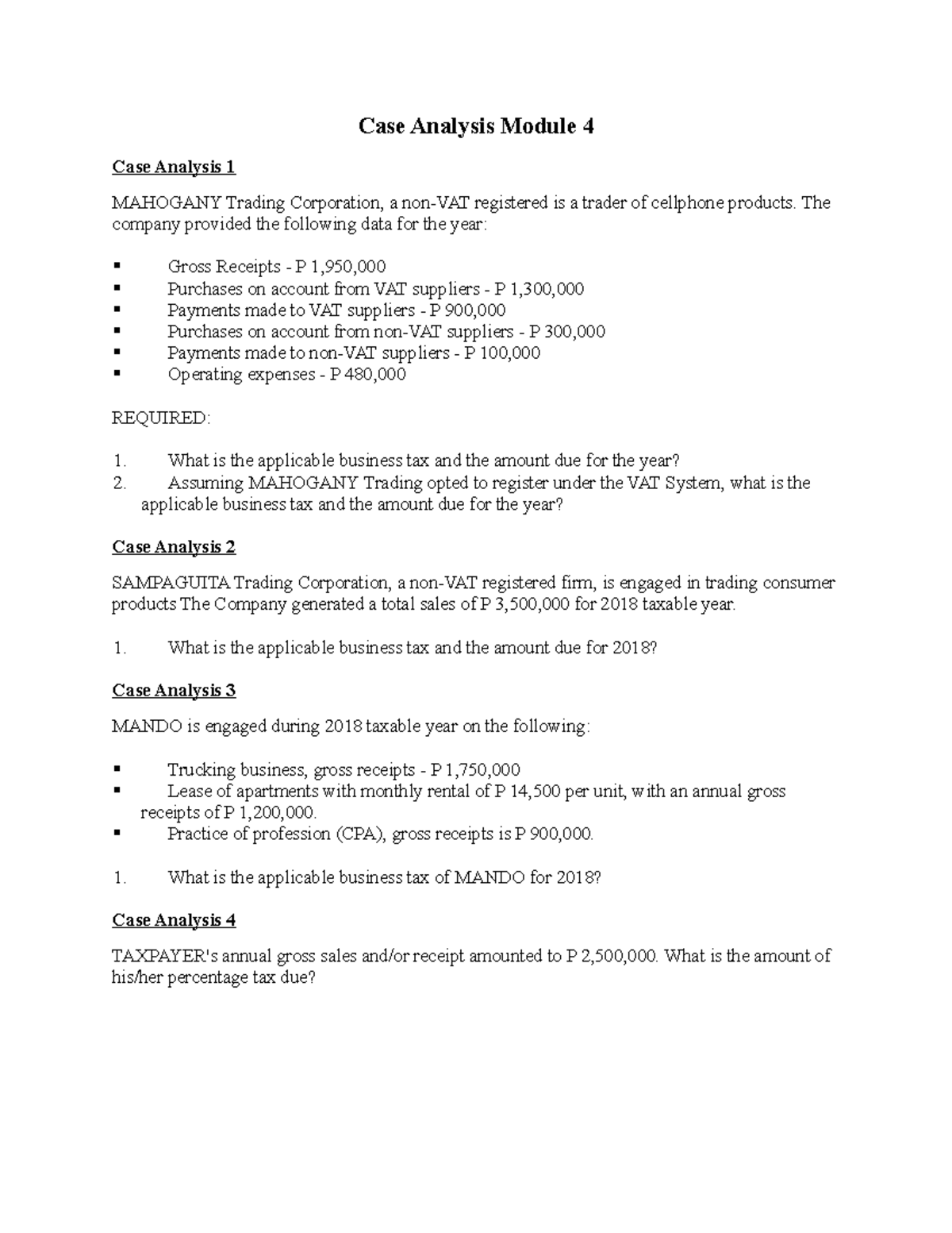 Bus Tax Case Analysis Module 4 - Case Analysis Module 4 Case Analysis 1 ...