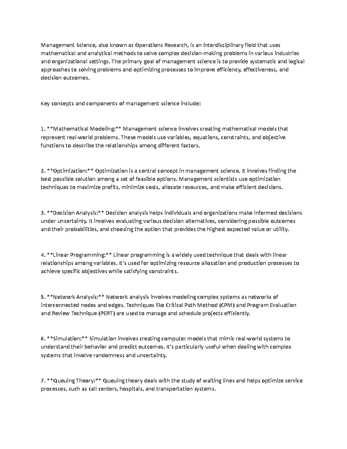 Management Science - The primary goal of management science is to ...