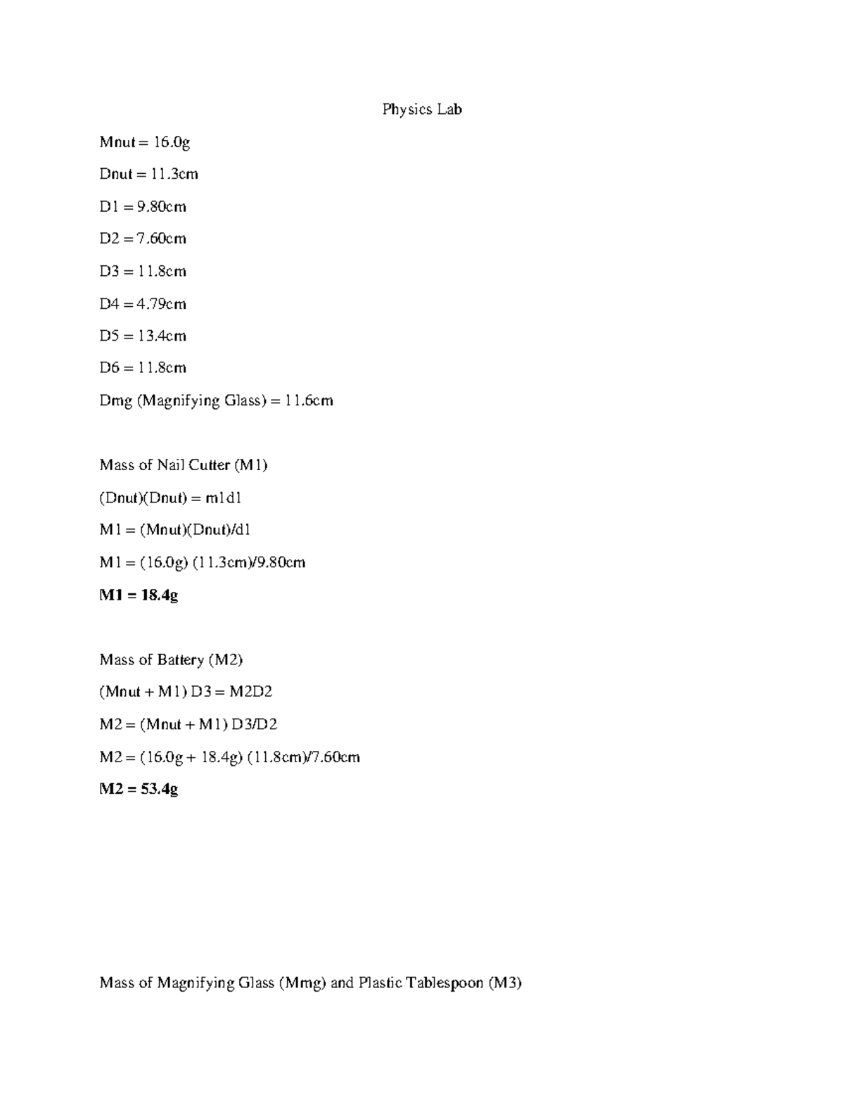 Physics Lab - Torque Lab got 100% - Physics Lab Mnut = 16 Dnut = 11 D1 ...