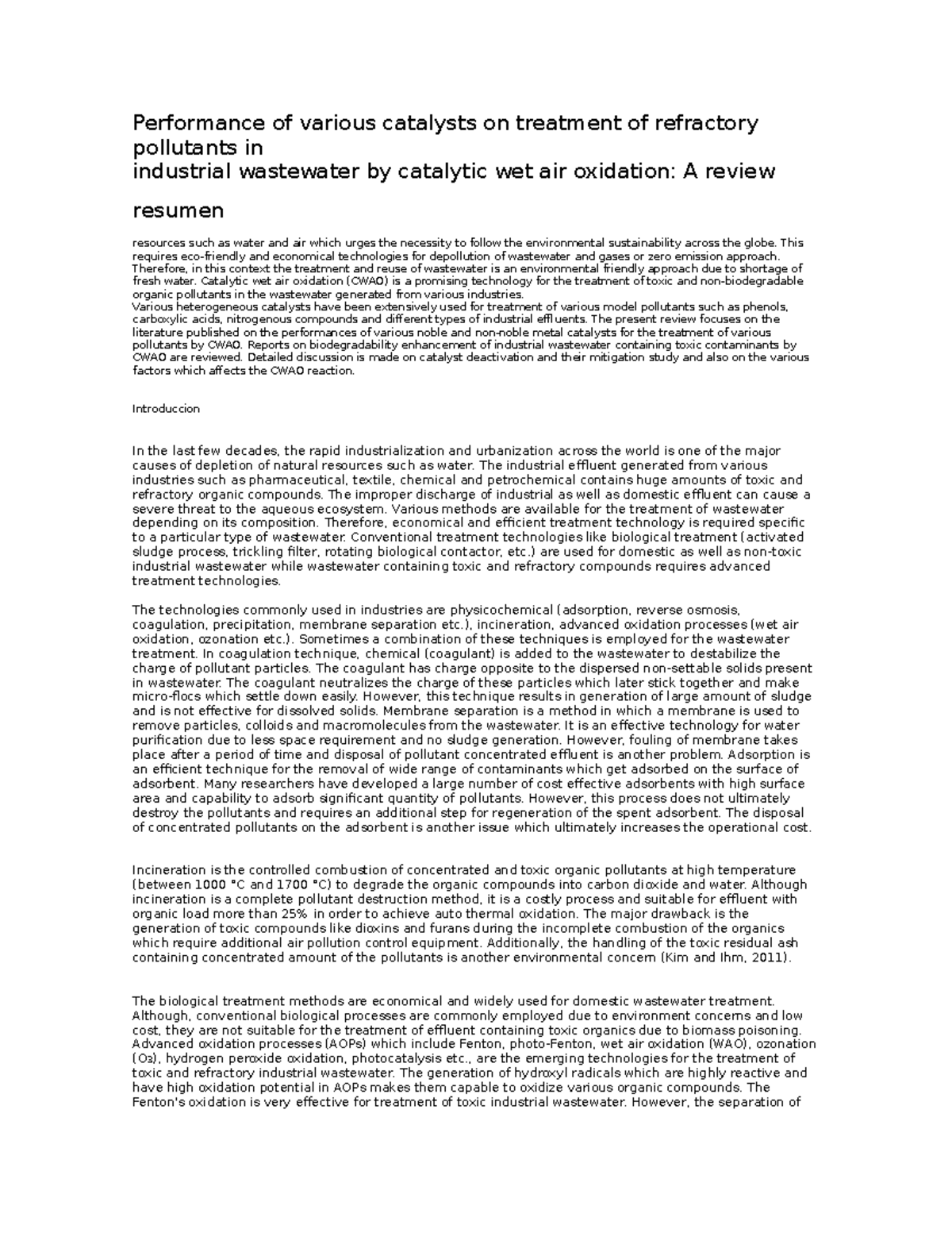 Performance of various catalysts on treatment of refractory pollutants ...