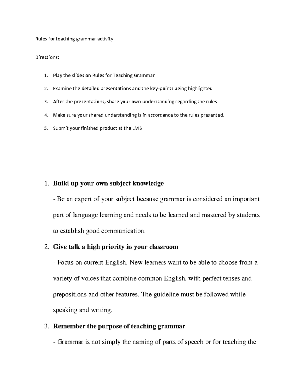 Rules for teaching grammar activity - Rules for teaching grammar ...