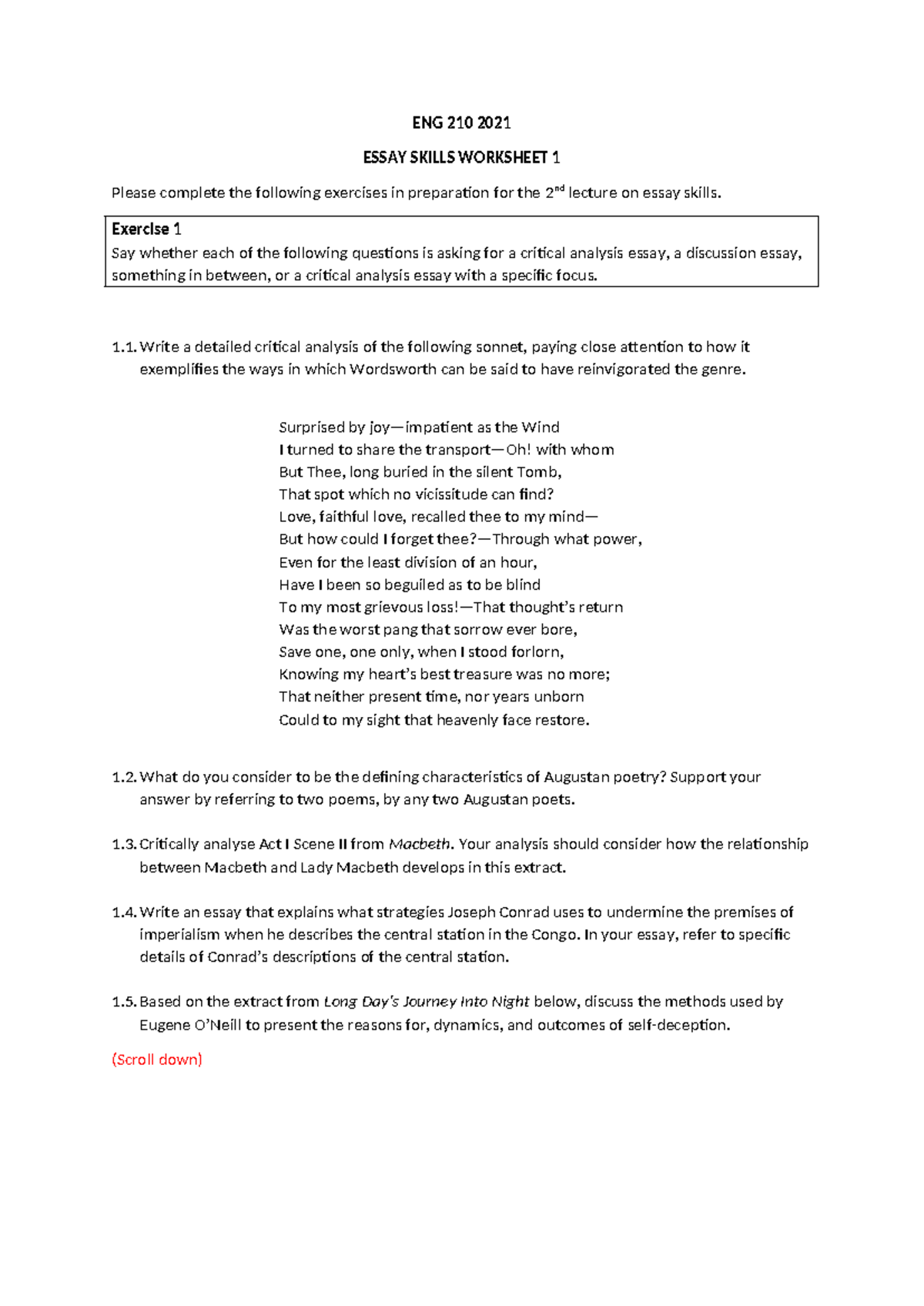 Essay skills worksheet 1 - ENG 210 2021 ESSAY SKILLS WORKSHEET 1 Please ...