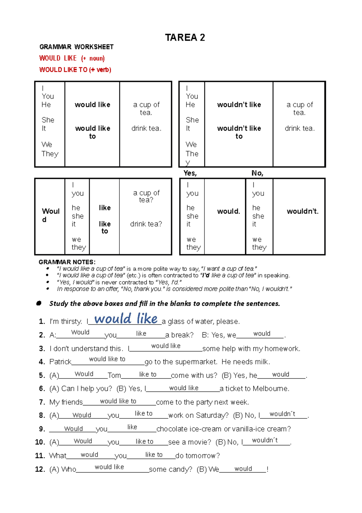 Tarea 2 272472245 ingles 4 - TAREA 2 GRAMMAR WORKSHEET WOULD LIKE ...
