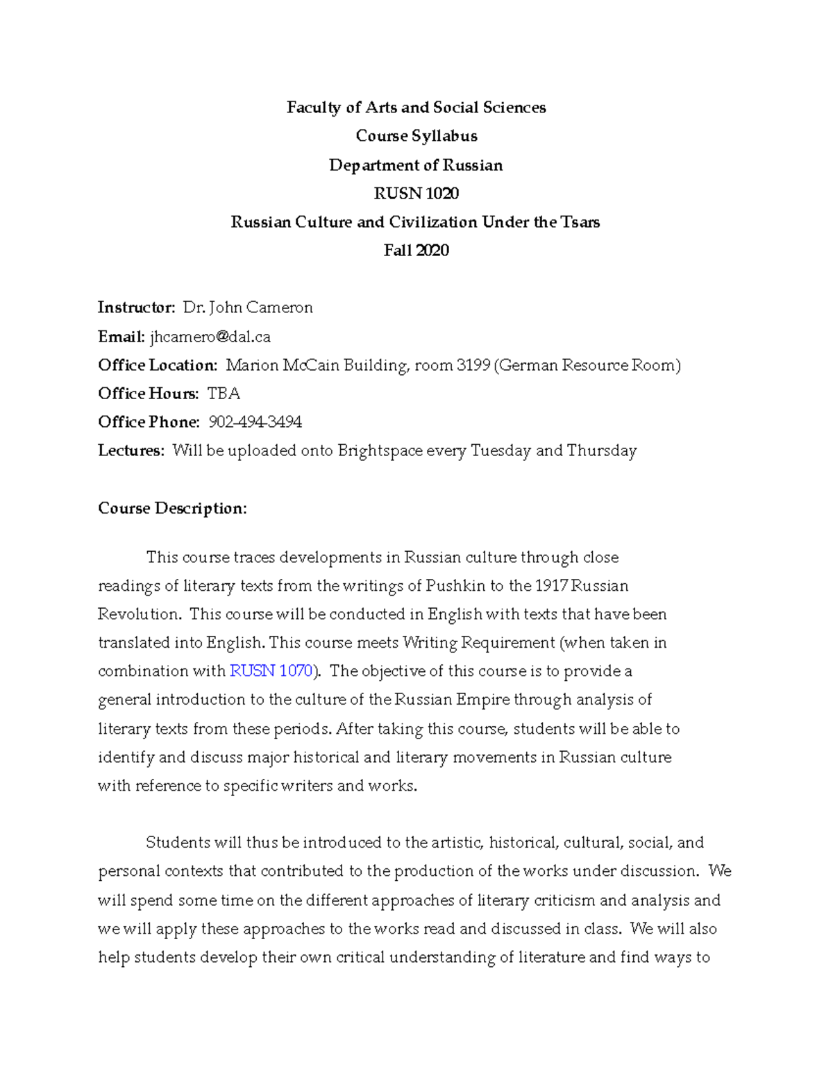 RUSN 1020 Syllabus - 2020/2021 - RUSN 1020 - Dal - Studocu