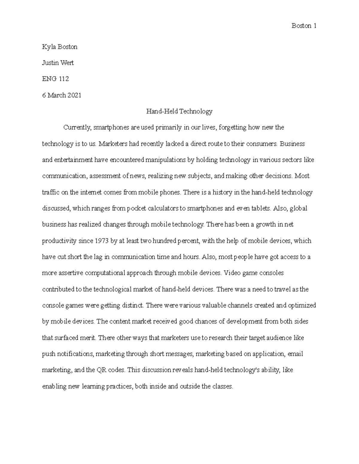 Technology Essay draft - Kyla Boston Justin Wert ENG 112 6 March 2021 ...