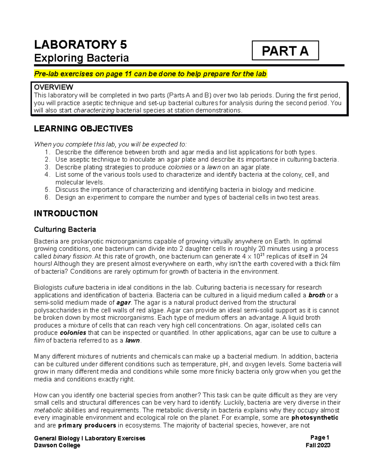 NYA F23-Lab 05-Bacteria Part A - LABORATORY 5 Exploring Bacteria Pre ...