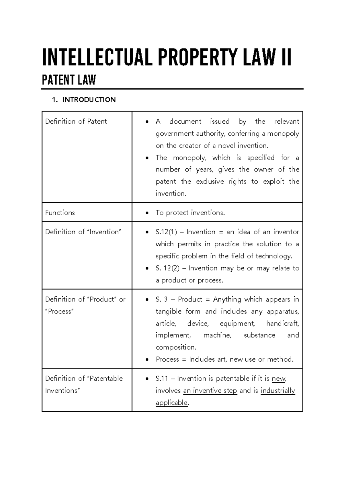 Intellectual Property II Notes on Patent - Intellectual property law II ...