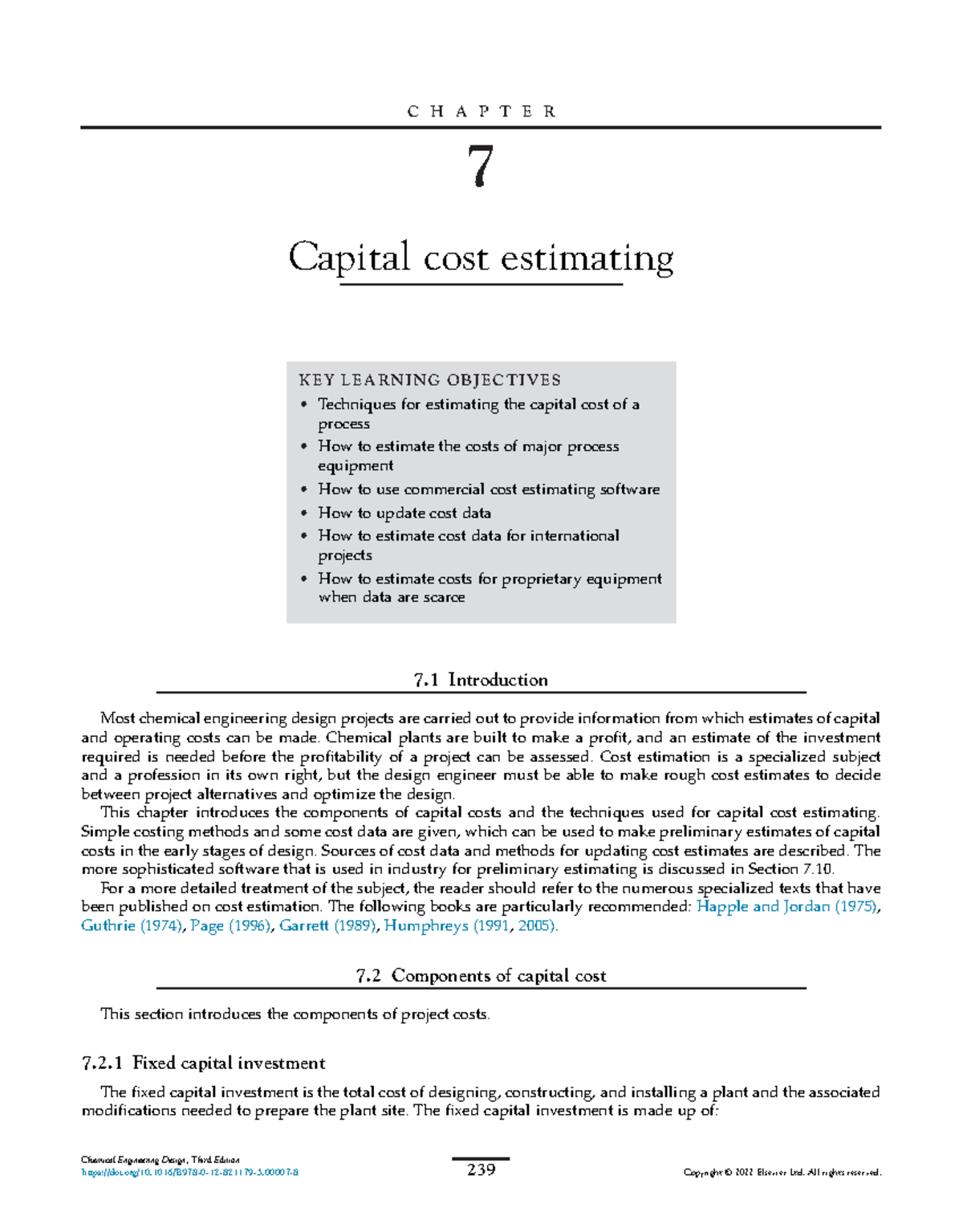 Capital cost estimating - C H A P T E R 7 Capital cost estimating K E Y L E A R N I N G O B J E ...