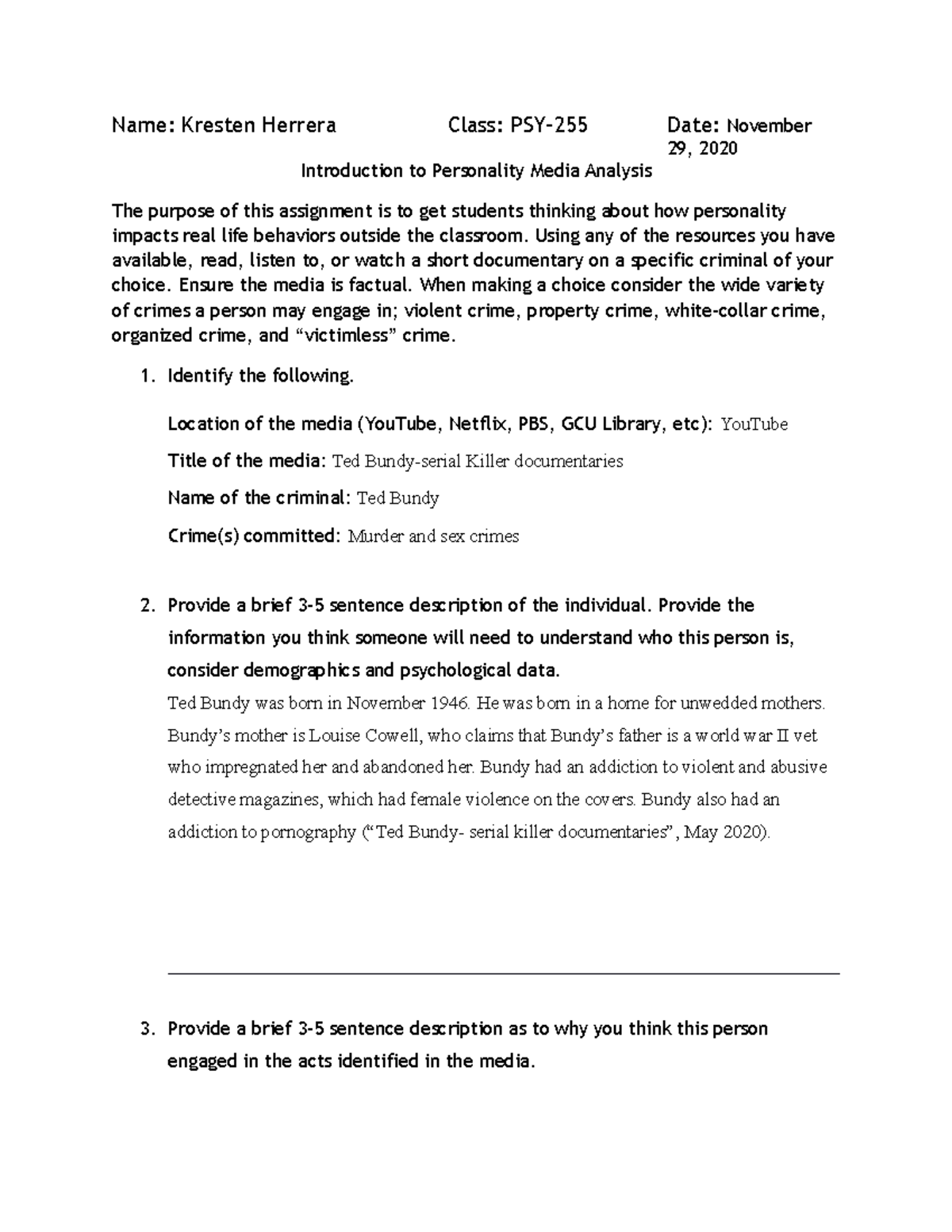 Introduction to Personality Media Analysis Worksheet - Name: Kresten ...
