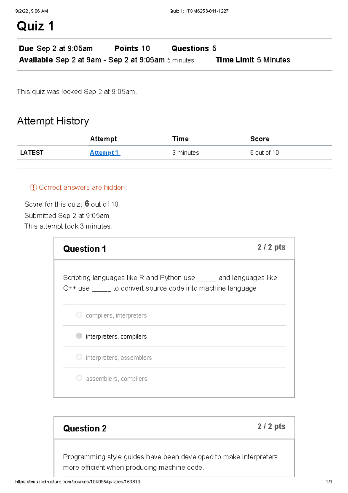 Quiz 1 ITOM6253-011-1227 - 9/2/22, 9:06 AM Quiz 1: ITOM6253-011- - Studocu