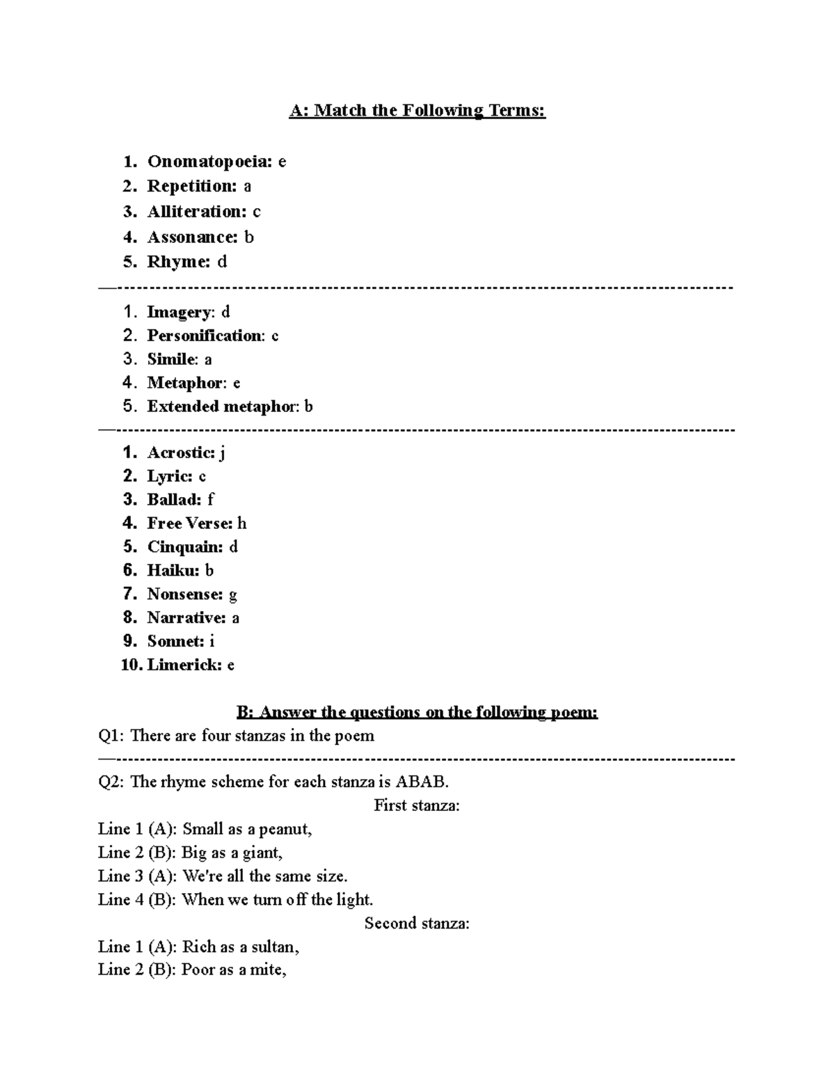 ENG4U - UNIT-2- Evaluation-3- Poetry UNIT TEST - A: Match the Following ...